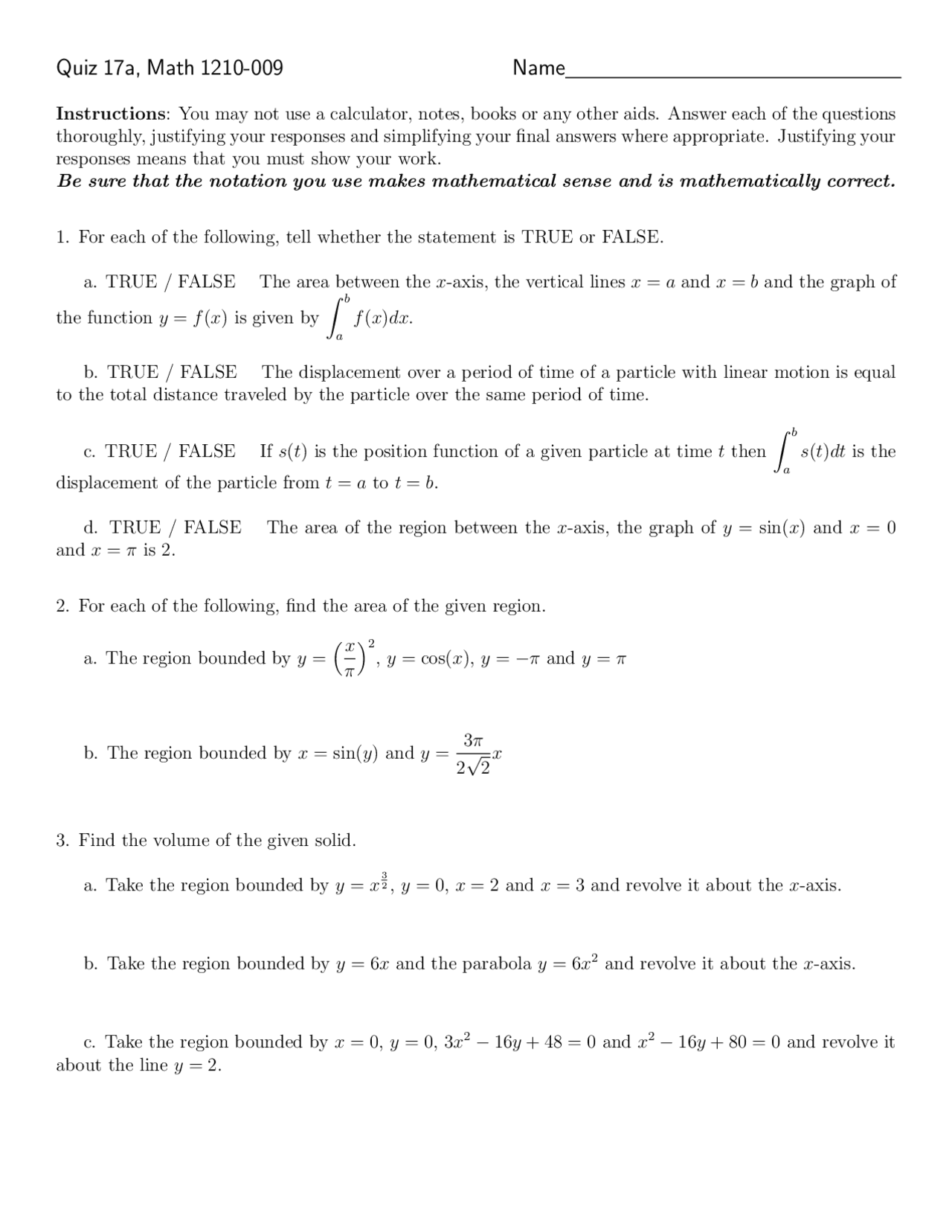Quiz 17a Problems Calculus I Fall 2009 Math 1210 Docsity