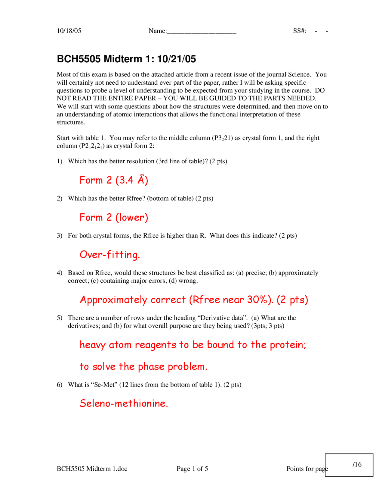 25 Questions With Answer Midterm Exam Structure Enzyme Bch 5505