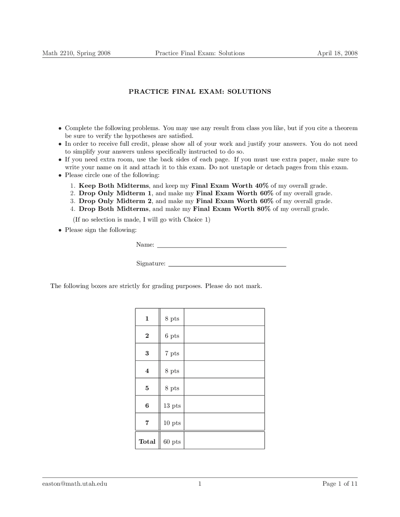 Solutions To Practice Final Exam Calculus Iii Math 2210 Docsity