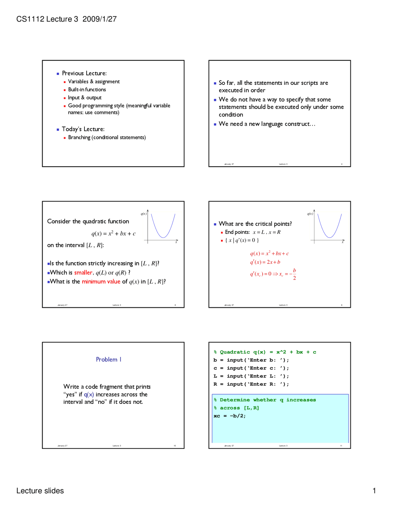 Lecture 3 of CS1112: Branching and Quadratic Functions | Study notes ...