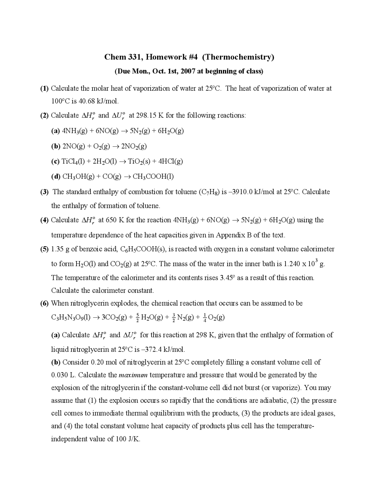 Homework Iv Questions Physical Chemistry Chem 331 Docsity