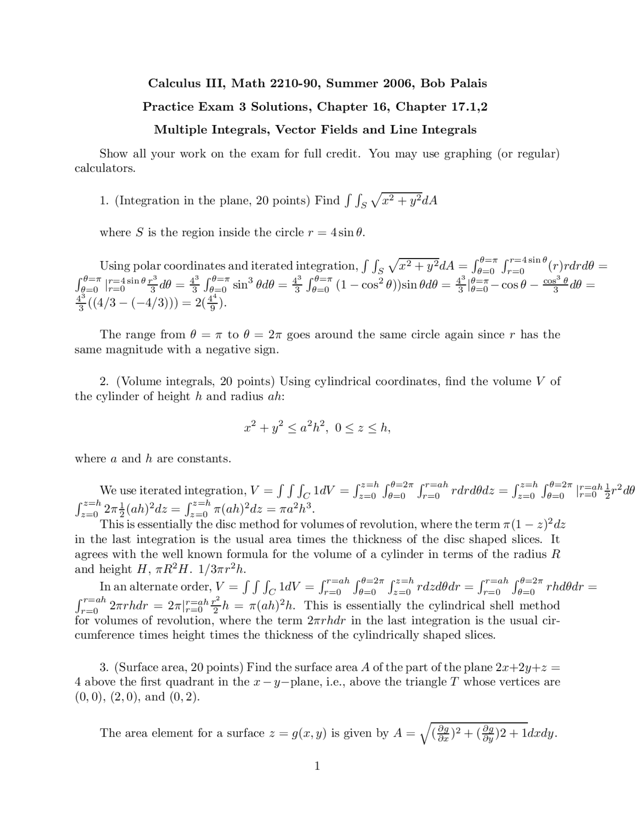 5 Problems on the Multiple and Line Integrals - Test 3 | MATH 2210 ...
