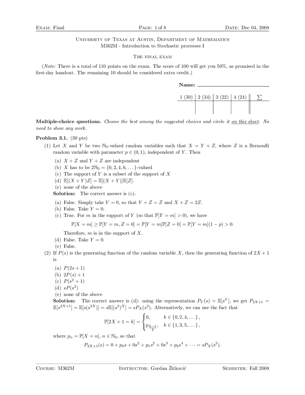 Introduction To Stochastic Processes 1 Final Exam Fall 2008 N 1