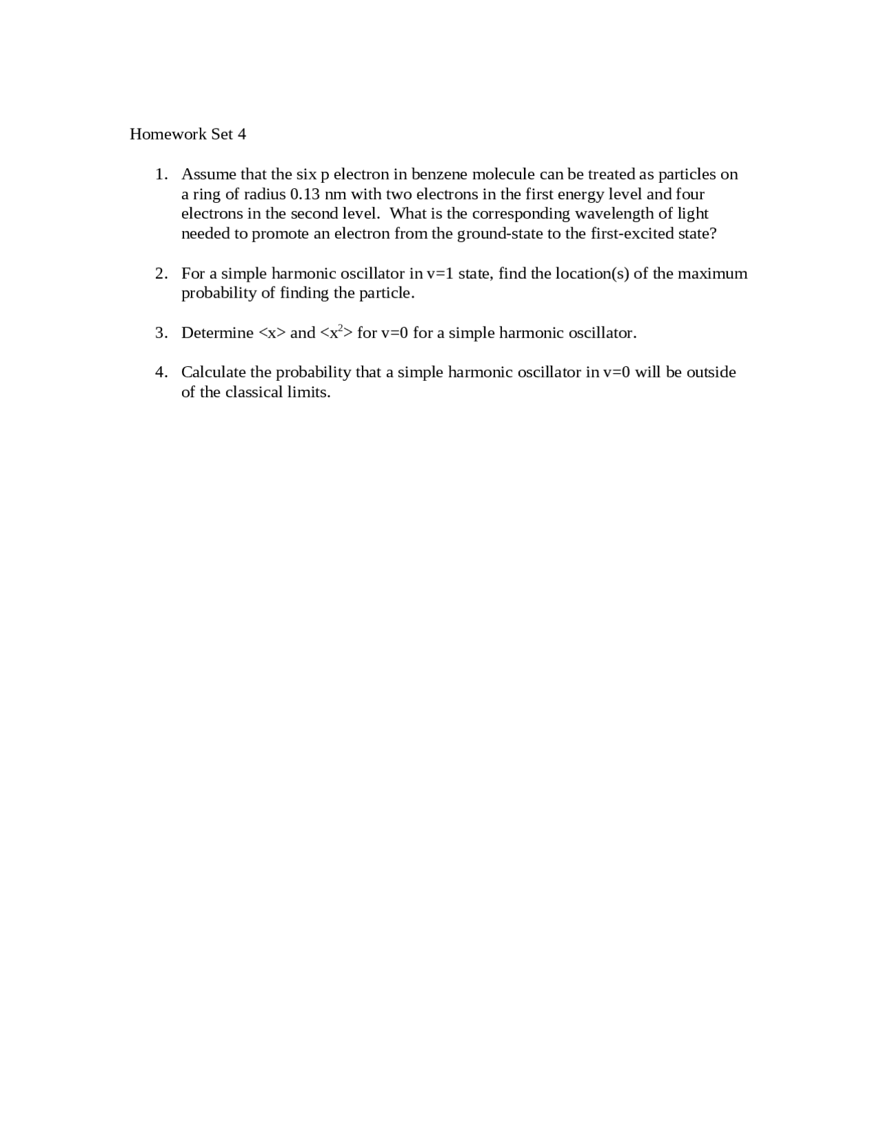 Quantum Chemistry - Homework Set #4 | CHEM 3060 - Docsity
