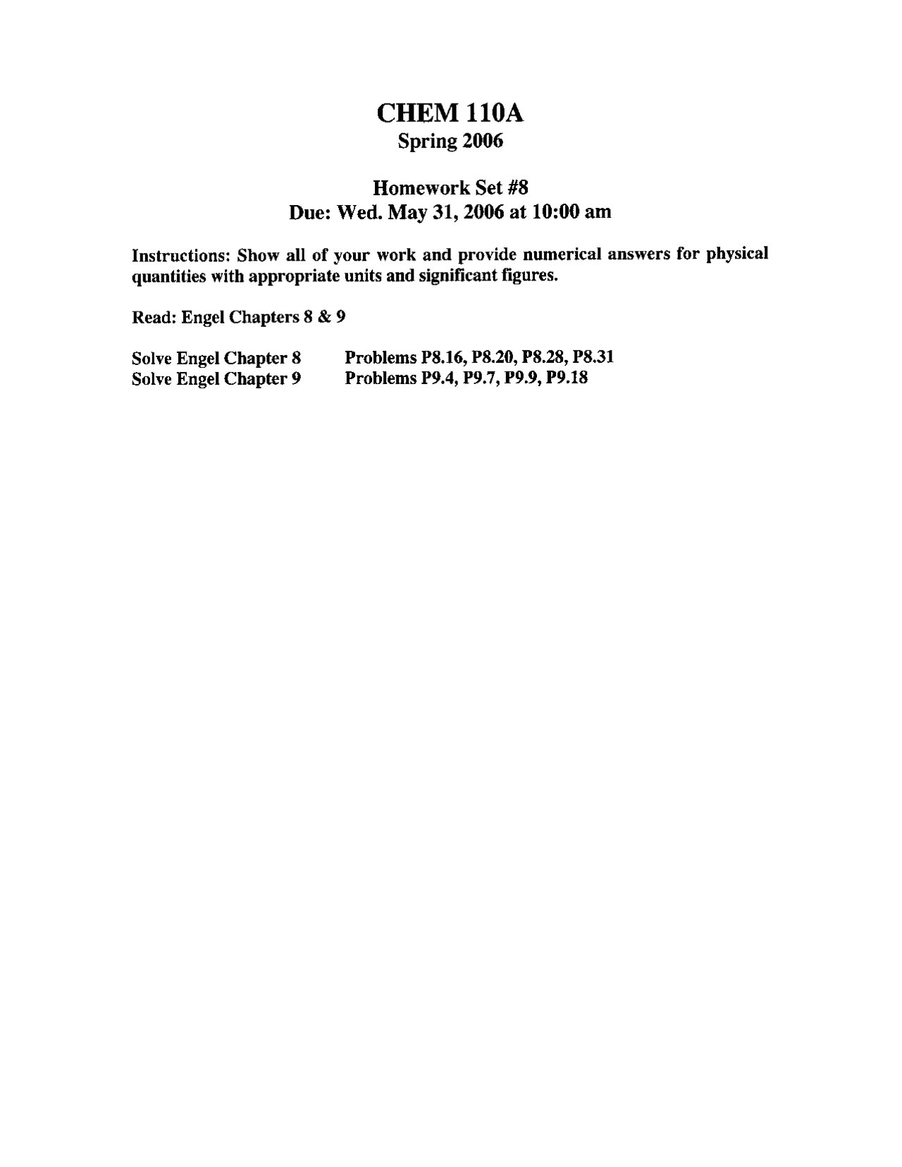 Problem Set 8 Sample Questions Physical Chemistry Laboratory Chem