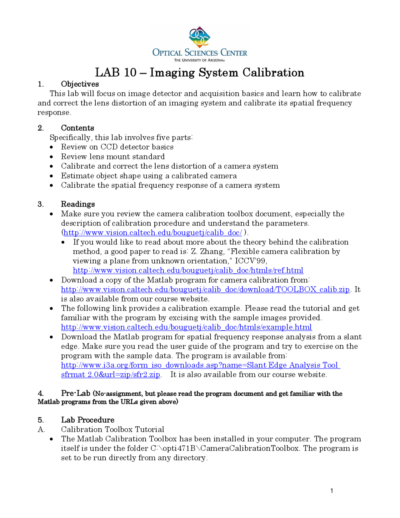 Imaging System Calibration Lab 10 Opti 471a Docsity