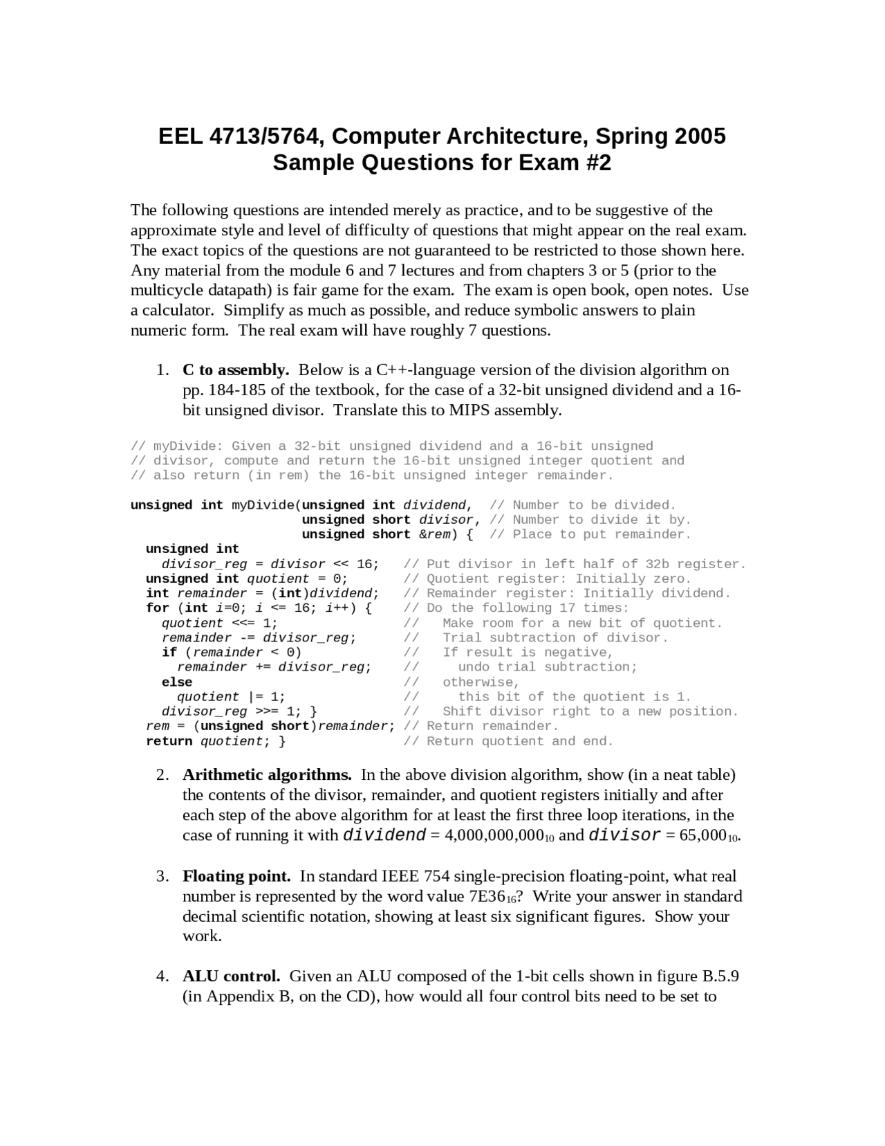 Exam 2 Sample Questions Computer Architecture Eel 4713 Docsity