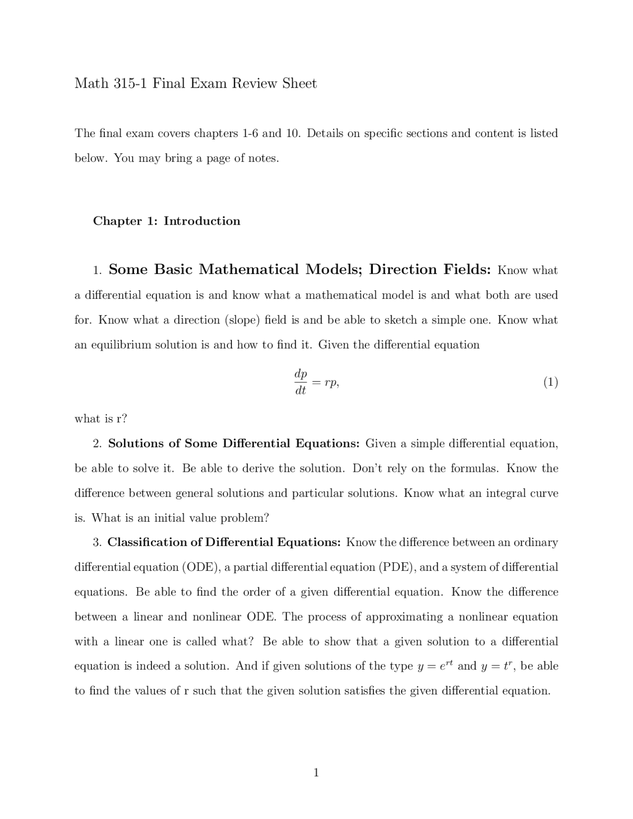 Final Exam Review Sheet For Differential Equations Math 315 Docsity