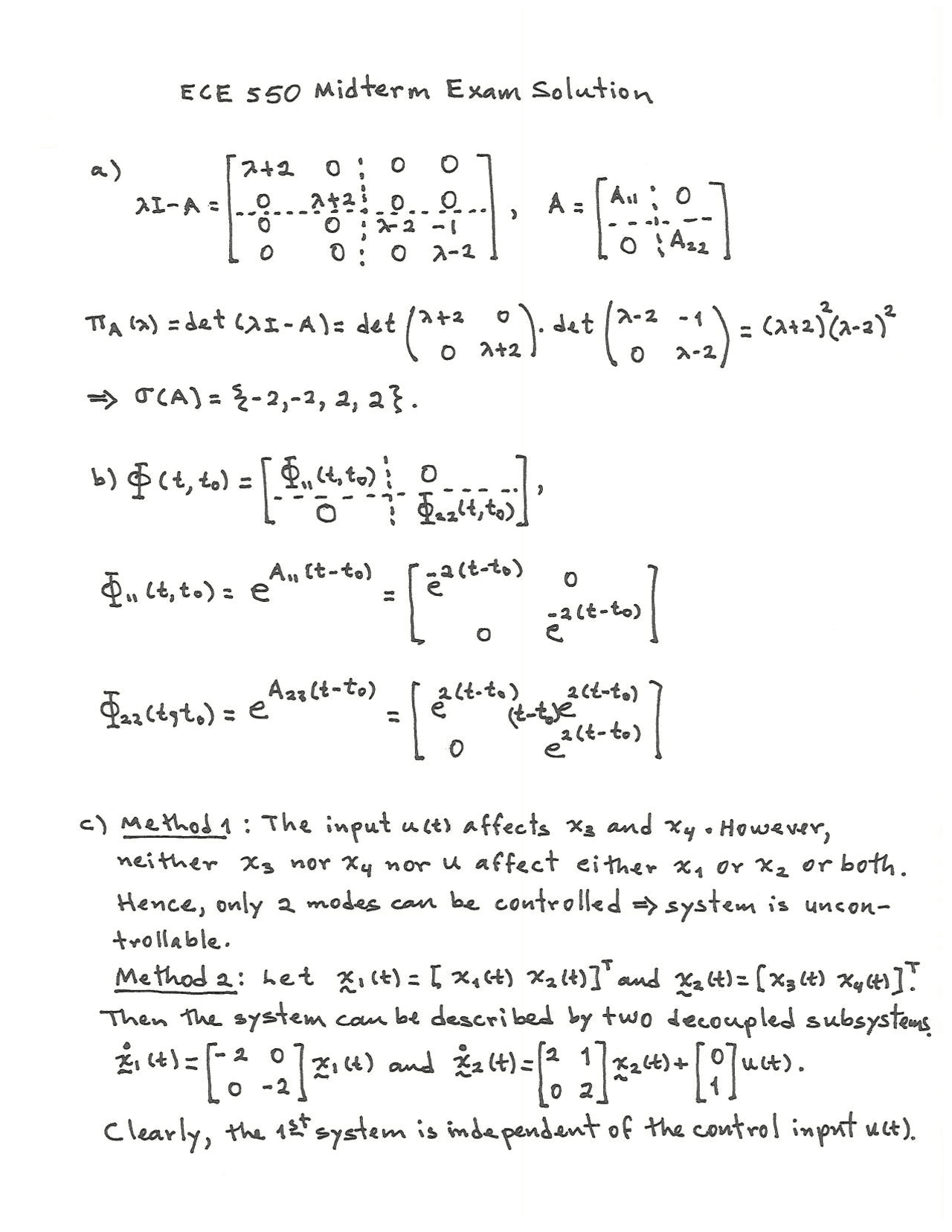 Midterm Exam Solutions Linear Systems Ece 550 Docsity