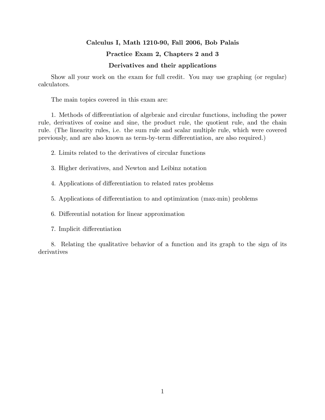 Derivatives And Their Applications Practice Exam 2 Math 1210 Docsity