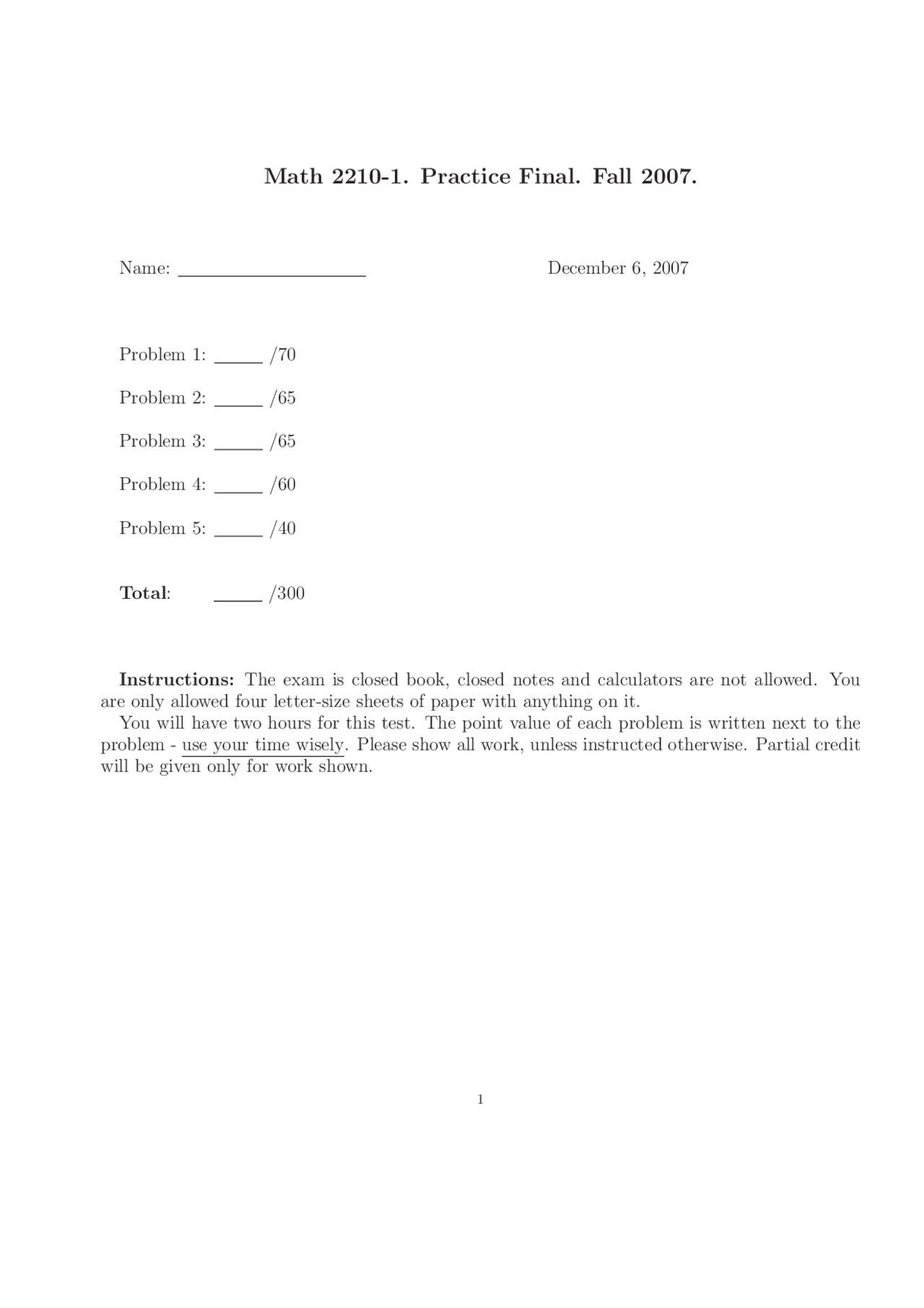 5 Problems on Calculus III - Practice Final Exam | MATH 2210 - Docsity 5 Problems on Calculus III - Practice Final Exam | MATH 2210 - Docsity