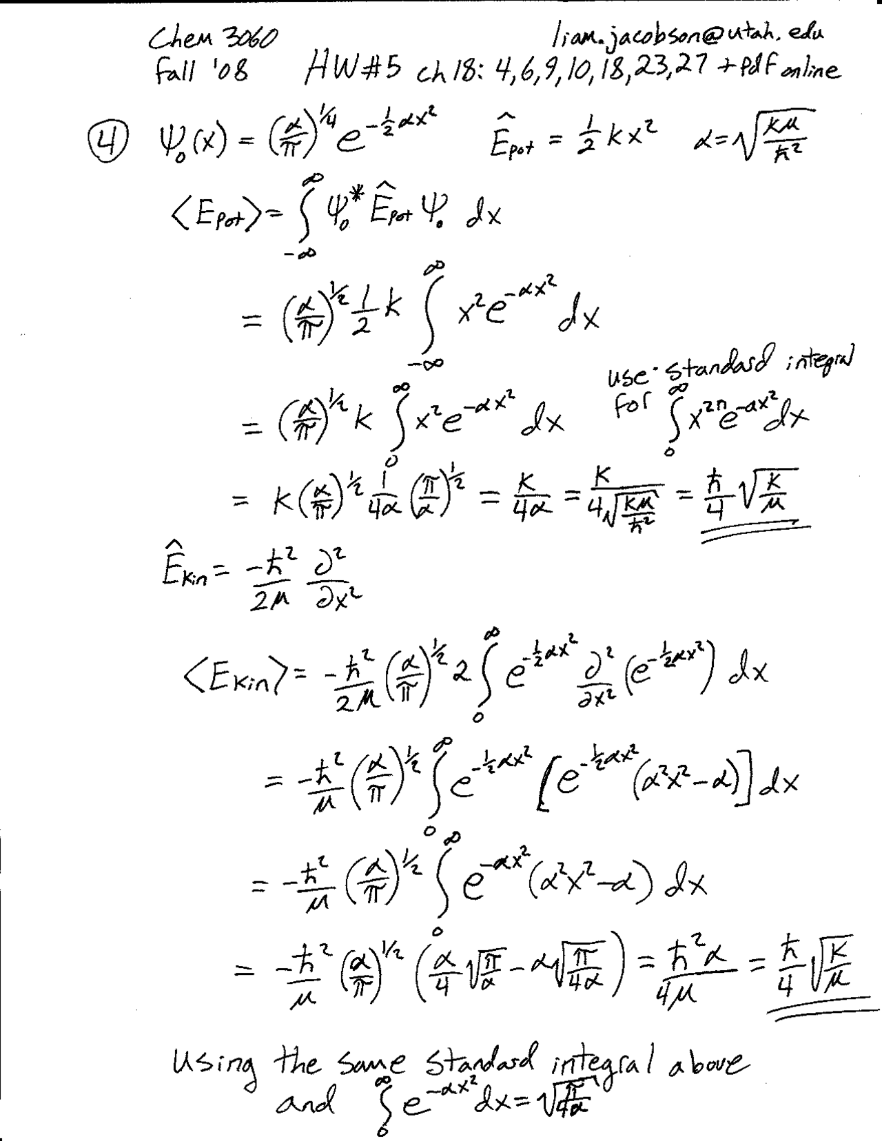 Quantum Chemistry Homework Set 4 With Answers Chem 3060 Docsity