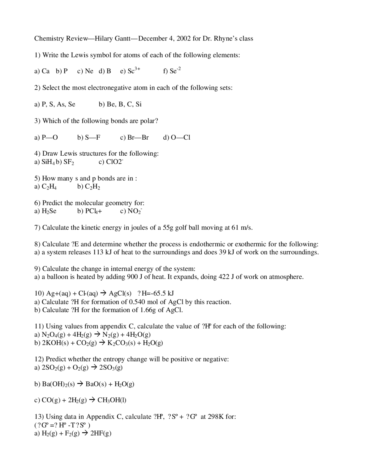 Review Sheet for Introduction Chemistry I | CHE 1101 - Docsity