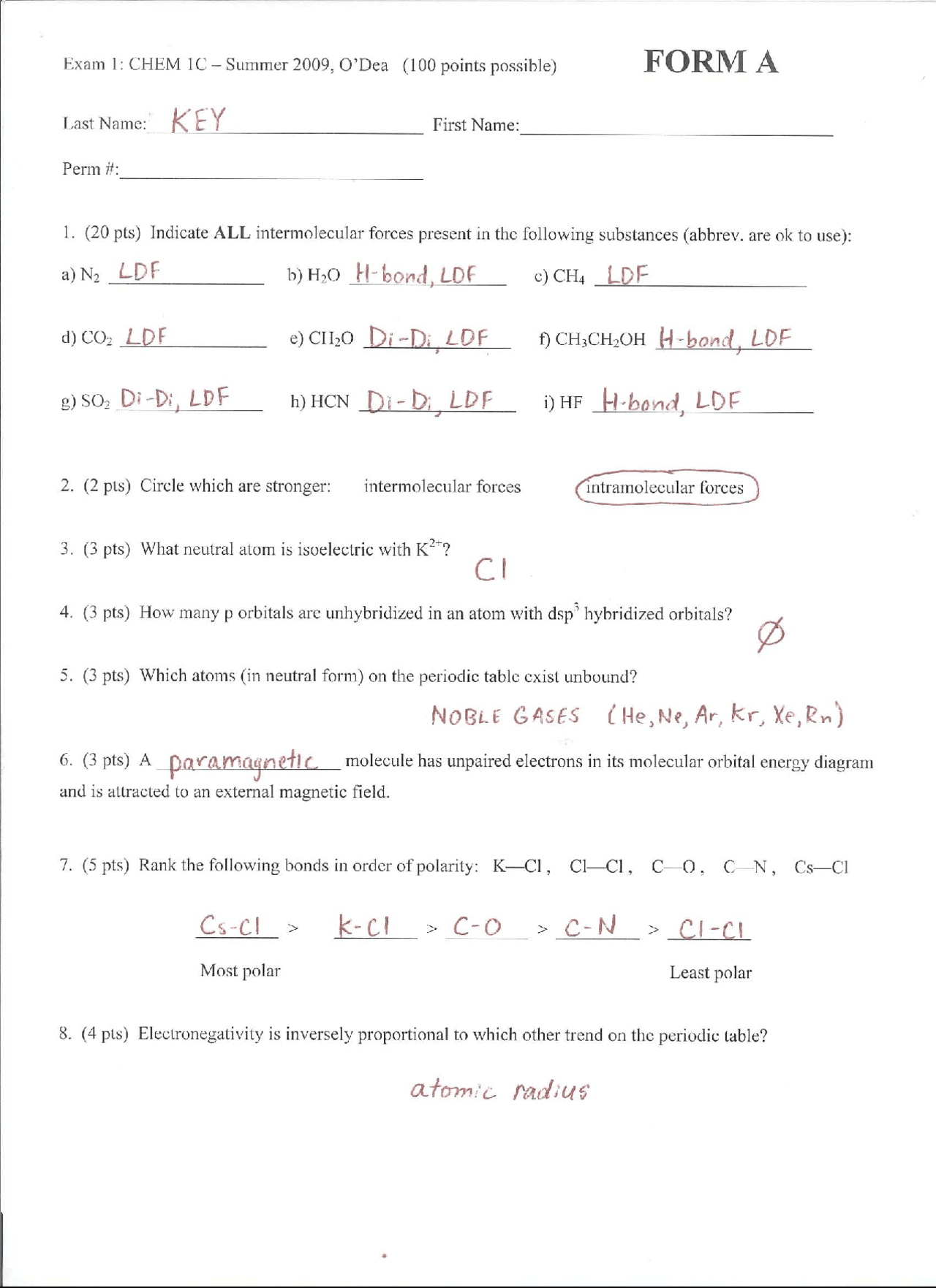 7 Solved Problems on Intermolecular Forces - Exam 1 | CHEM 1C - Docsity