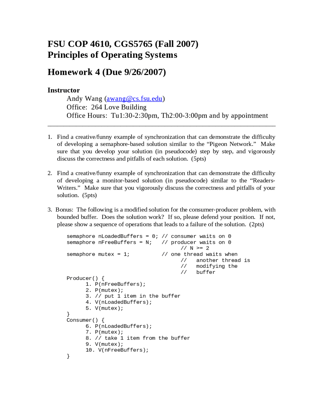 Sample Questions - Principles of Operating Systems - Homework 4 | COP 4610 - Docsity