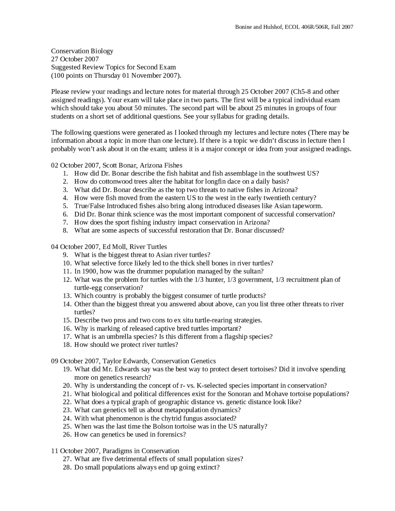 Conservation Genetics River Turtles Review Sheet Topics For Exam 2