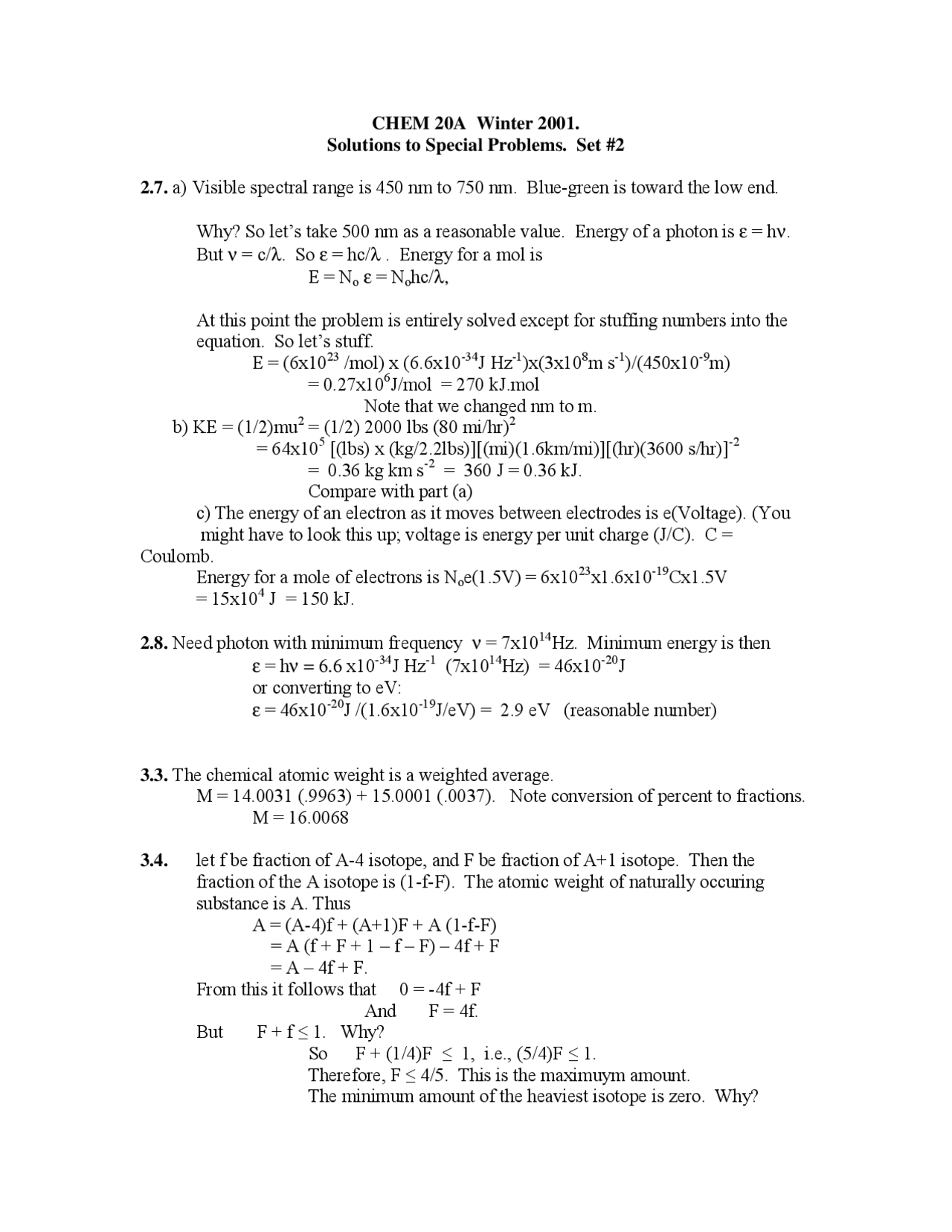 Solution To Special Problems Assignment 2 Chem 20a Docsity