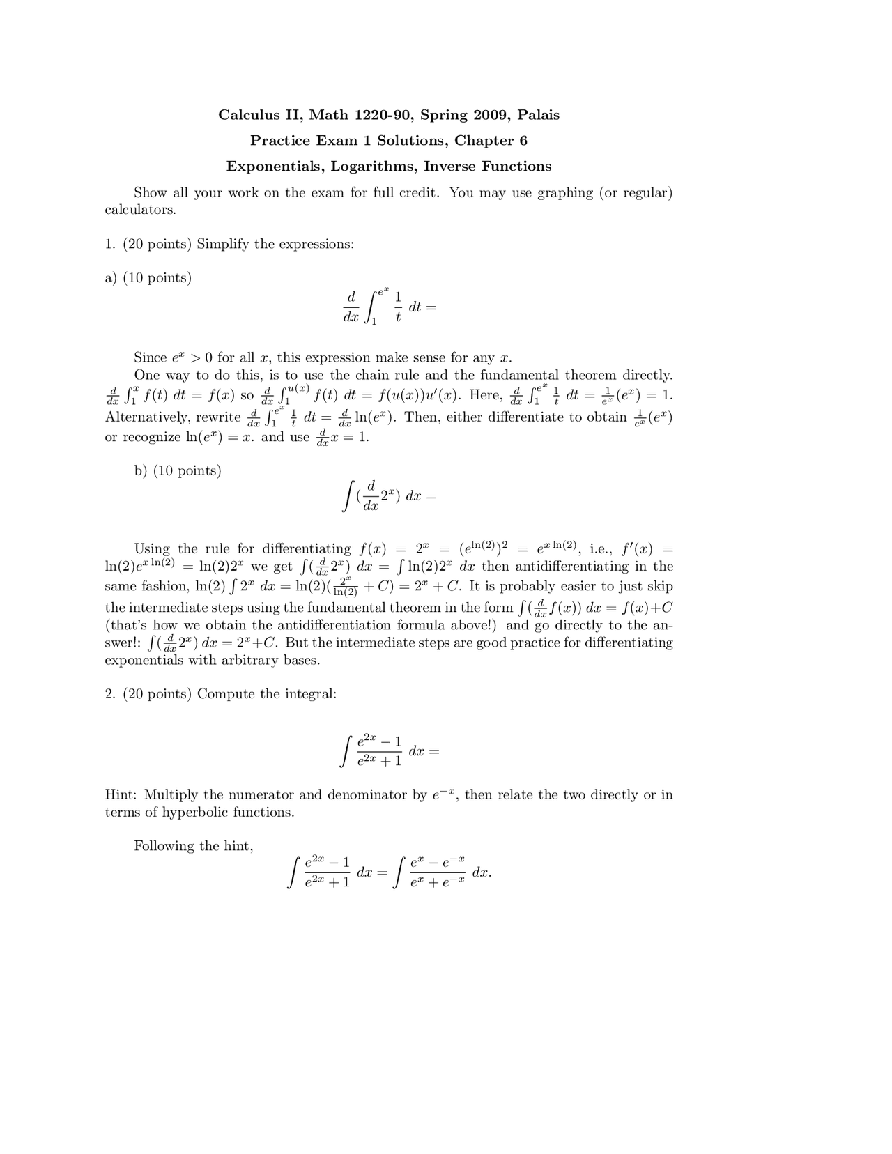 Exponentials, Logarithms, Inverse Functions - Practice Exam 1 Answers | MATH 1220 - Docsity
