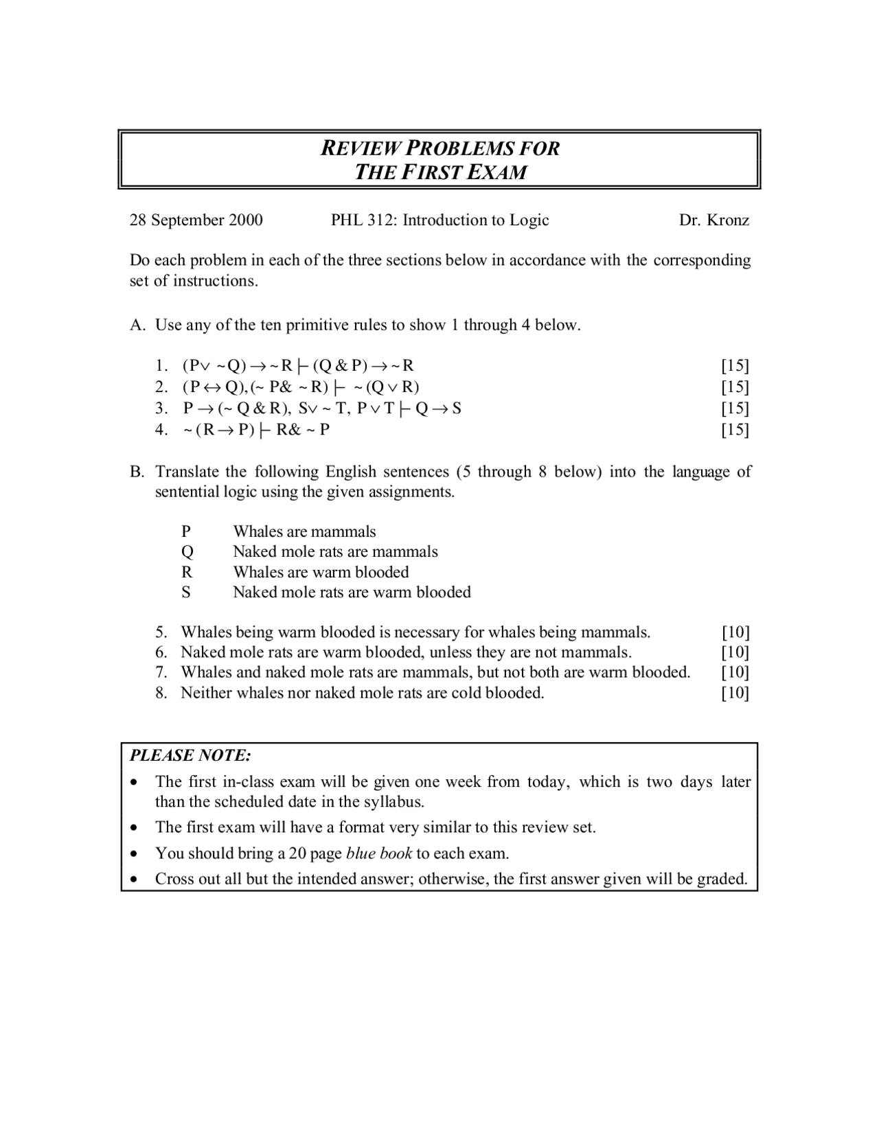 Review Problems For The First Exam Introduction To Logic Phl 312
