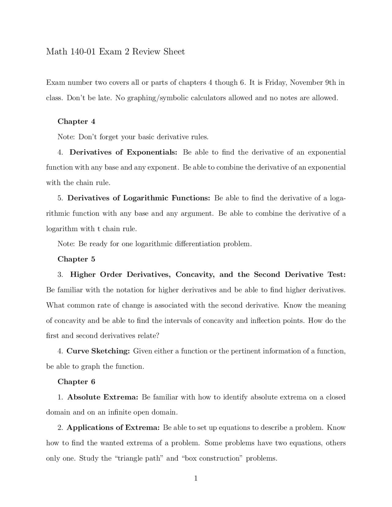 Math 140-01 Exam 2: Review Sheet for Chapters 4-6 | Exams Mathematics | Docsity