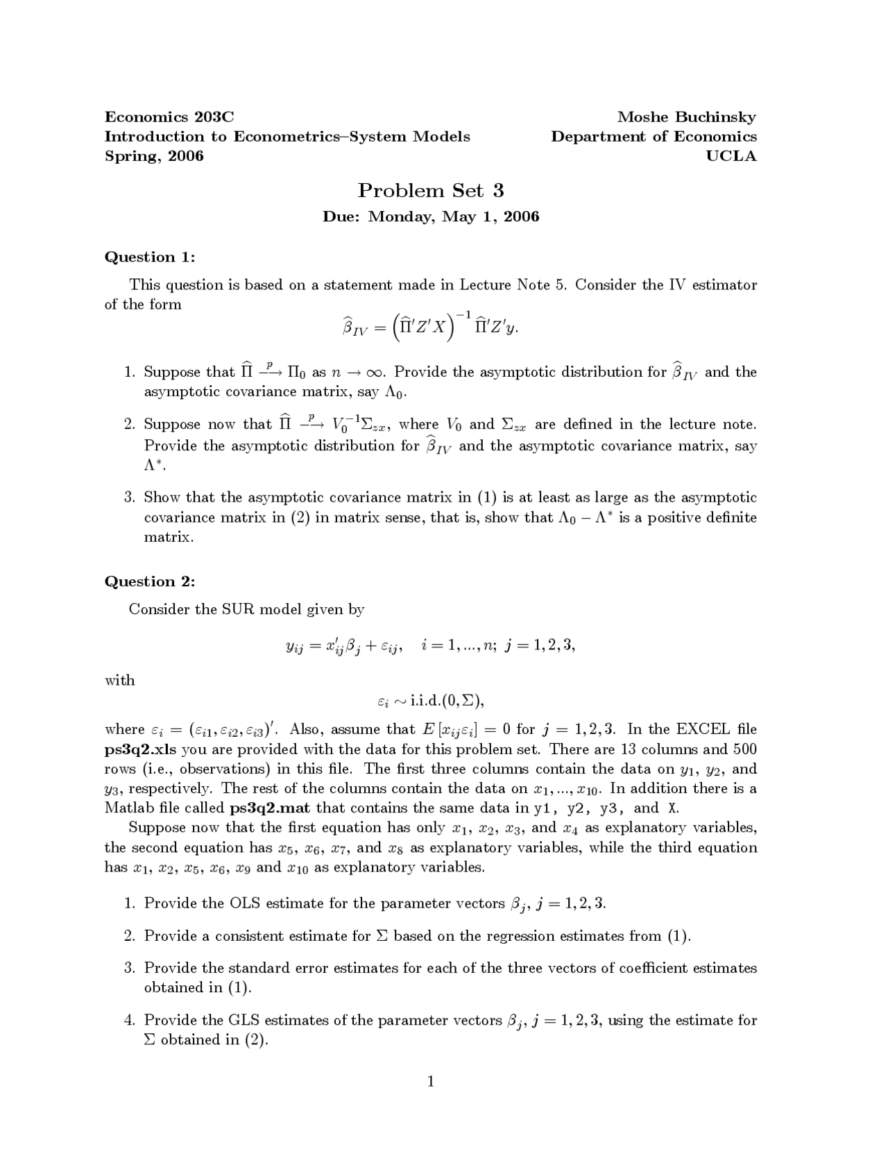 Problem Set 3 Introduction To Econometrics Systems Models Econ 203a Docsity