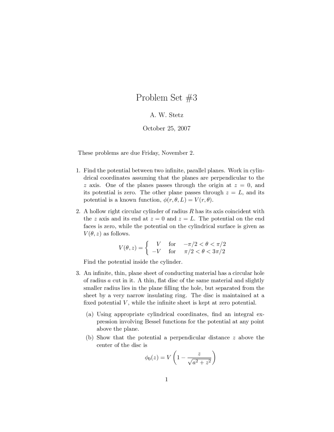 Electromagnetic Theory Problem Set 3 Ph 631 Docsity