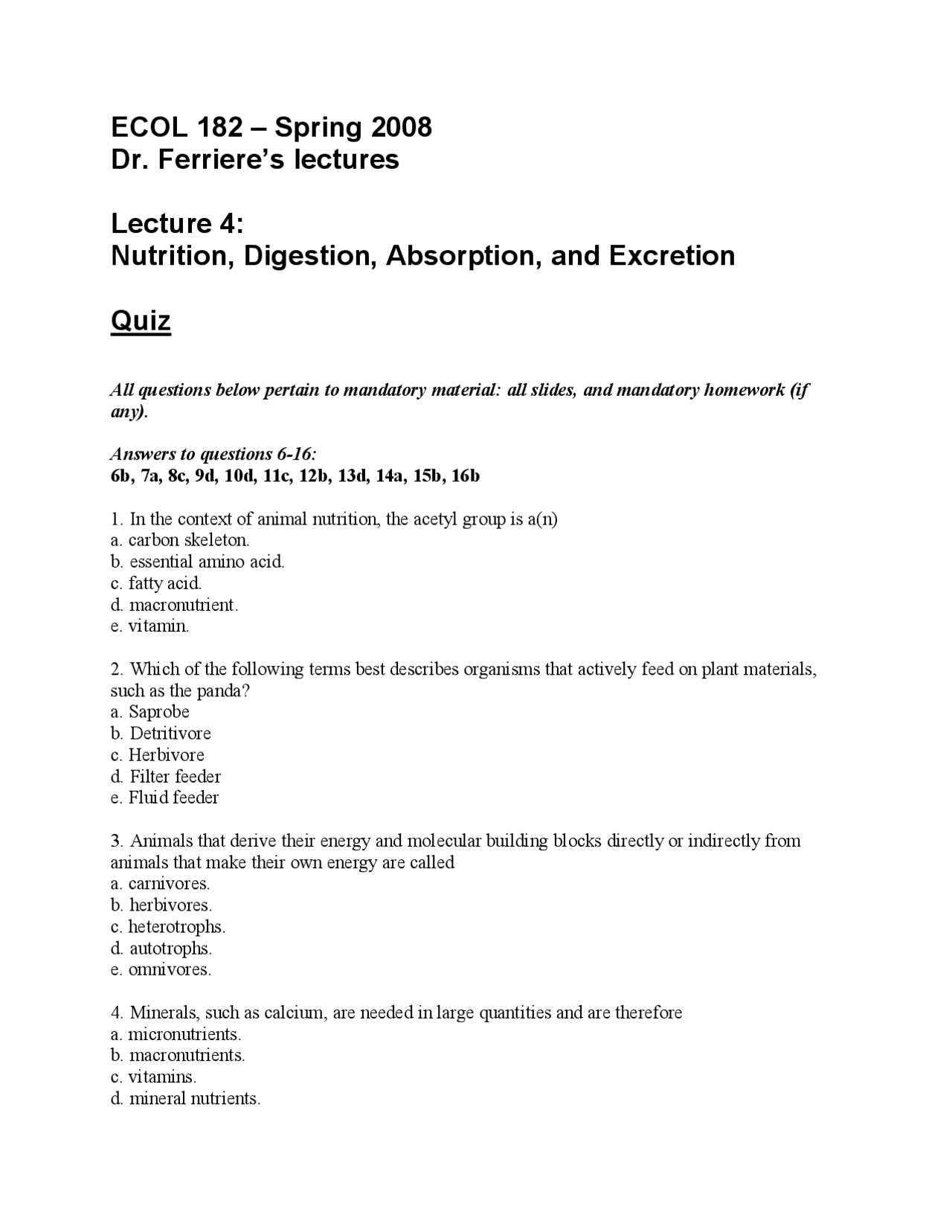 Nutrition, Digestion, Absorption and Secretion - Quiz 4 | ECOL 182R ...