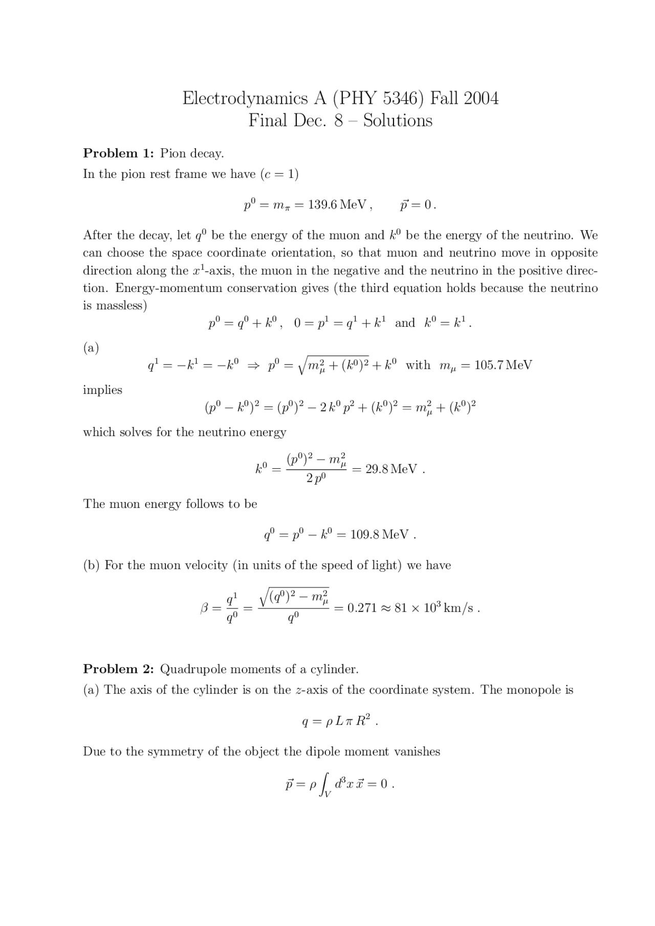 Solutions For Final Exam Electrodynamics A Phy 5346 Exams Physics