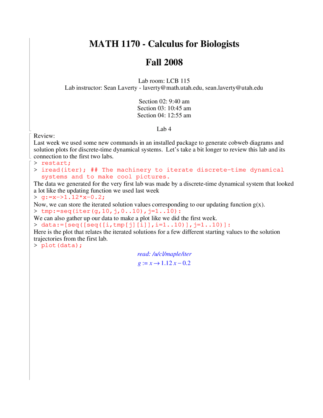 Laboratory 4 Calculus For Biologists I Math 1170 Docsity