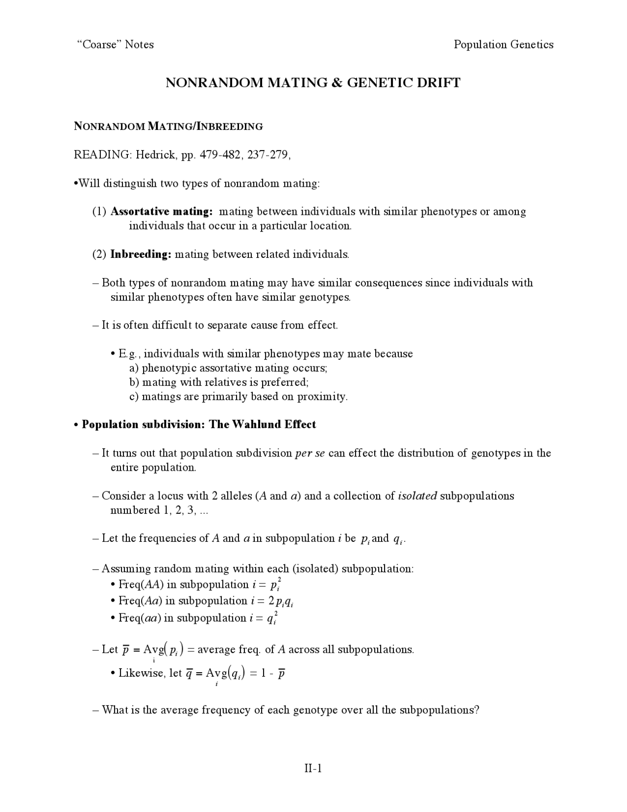 Non-Random Mating and Genetic Drift - Lecture Notes | Biol 519 - Docsity