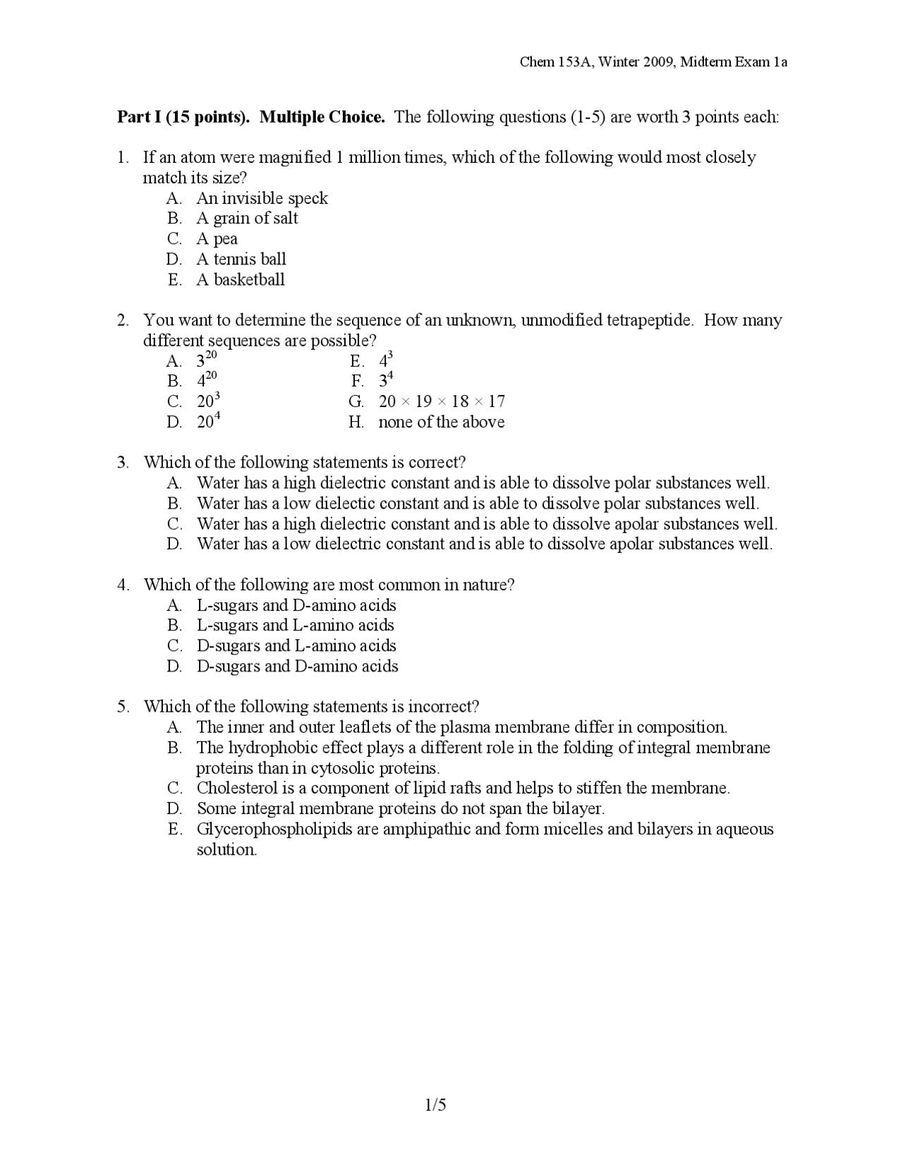 Midterm 1a Biochemistry Introduction To Structure Enzymes And