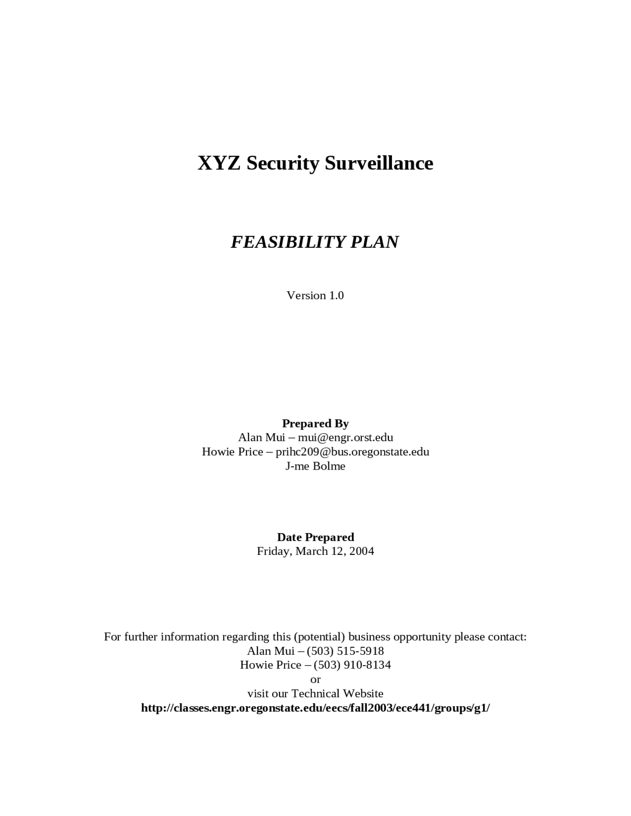 XYZ Security Surveillance, Feasibility Plan | BA 260 - Docsity