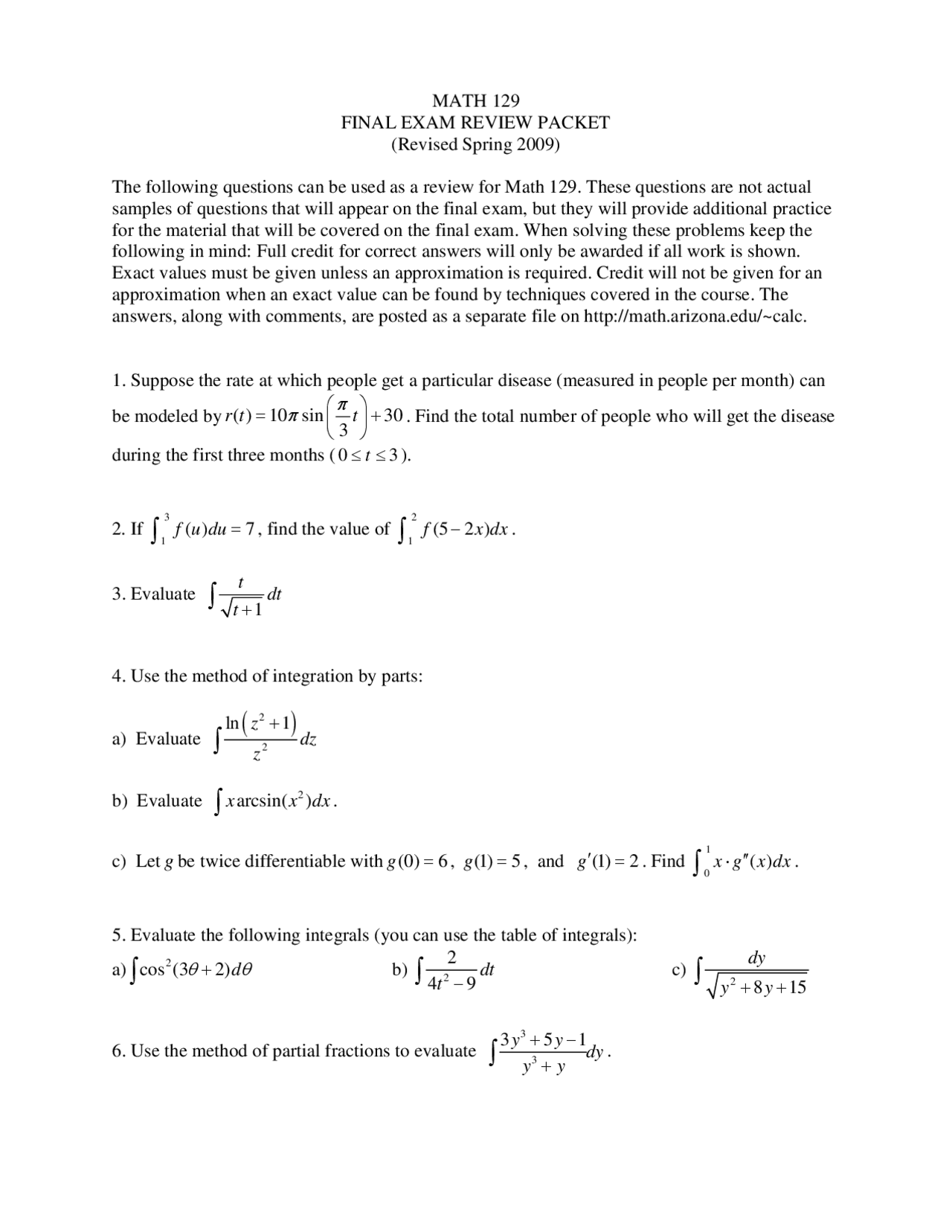61 Questions On Calculus Ii Final Exam Math 129 Docsity