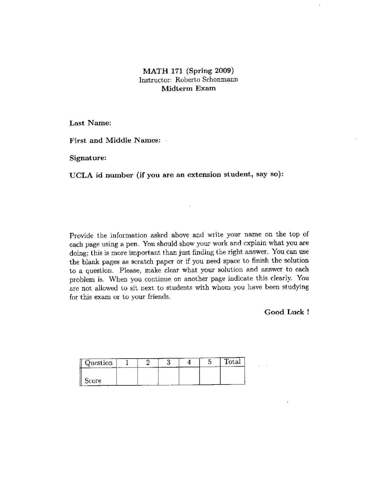 Midterm Examination Stochastic Processes Math 0171 Docsity
