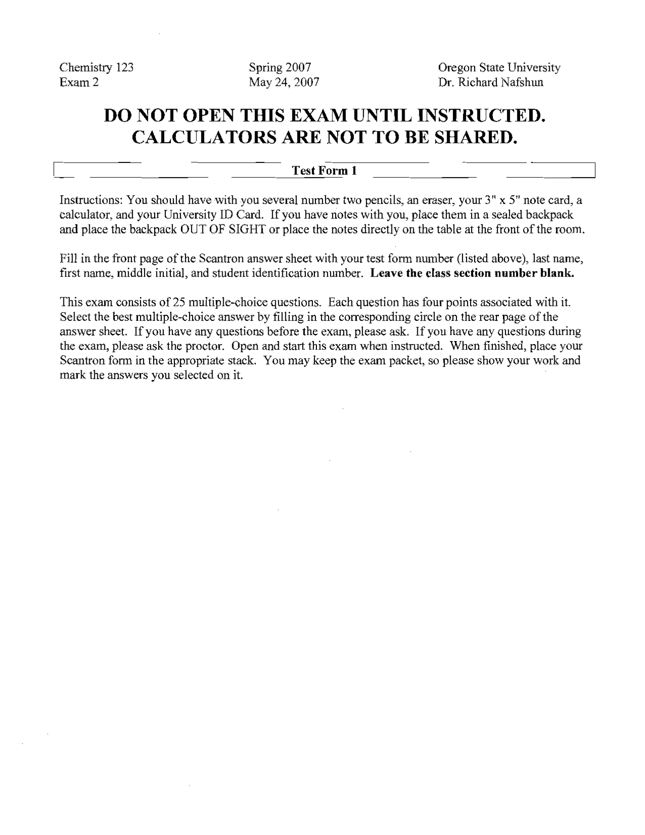 Past Exam 2 With Answer Key General Chemistry Ch 121 Docsity