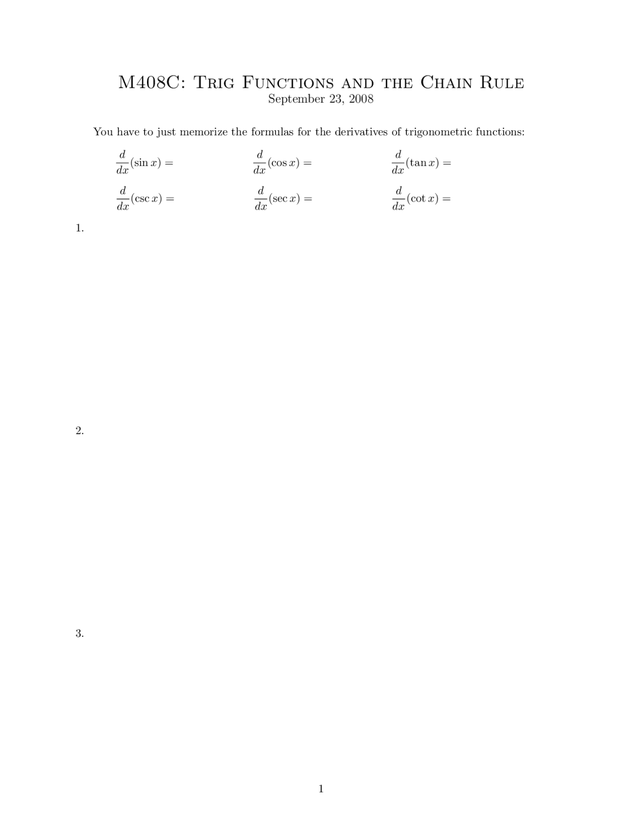 Trig Functions and The Chain Rule - Differential and Integral Calculus | M 408C - Docsity