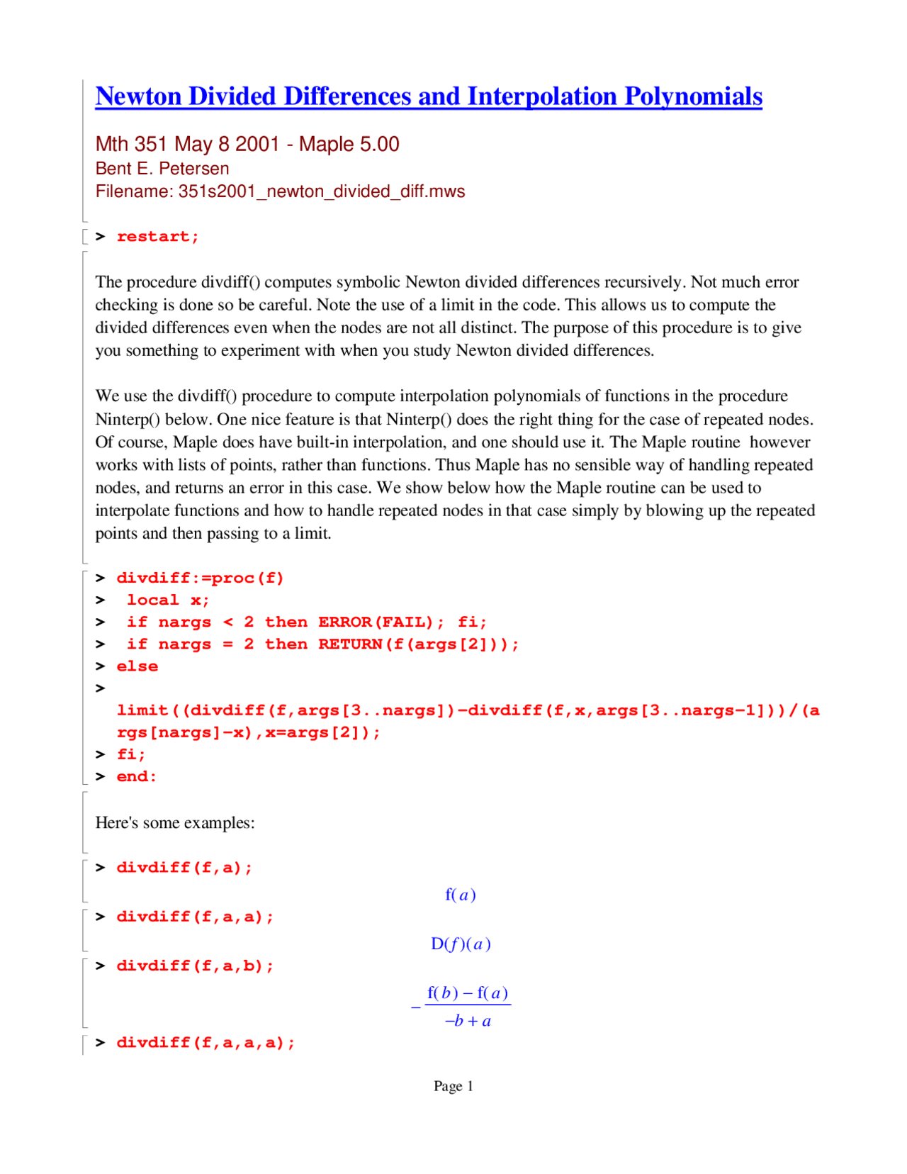 Newton Divided Difference and Interpolation Polynomials | MTH 351 - Docsity