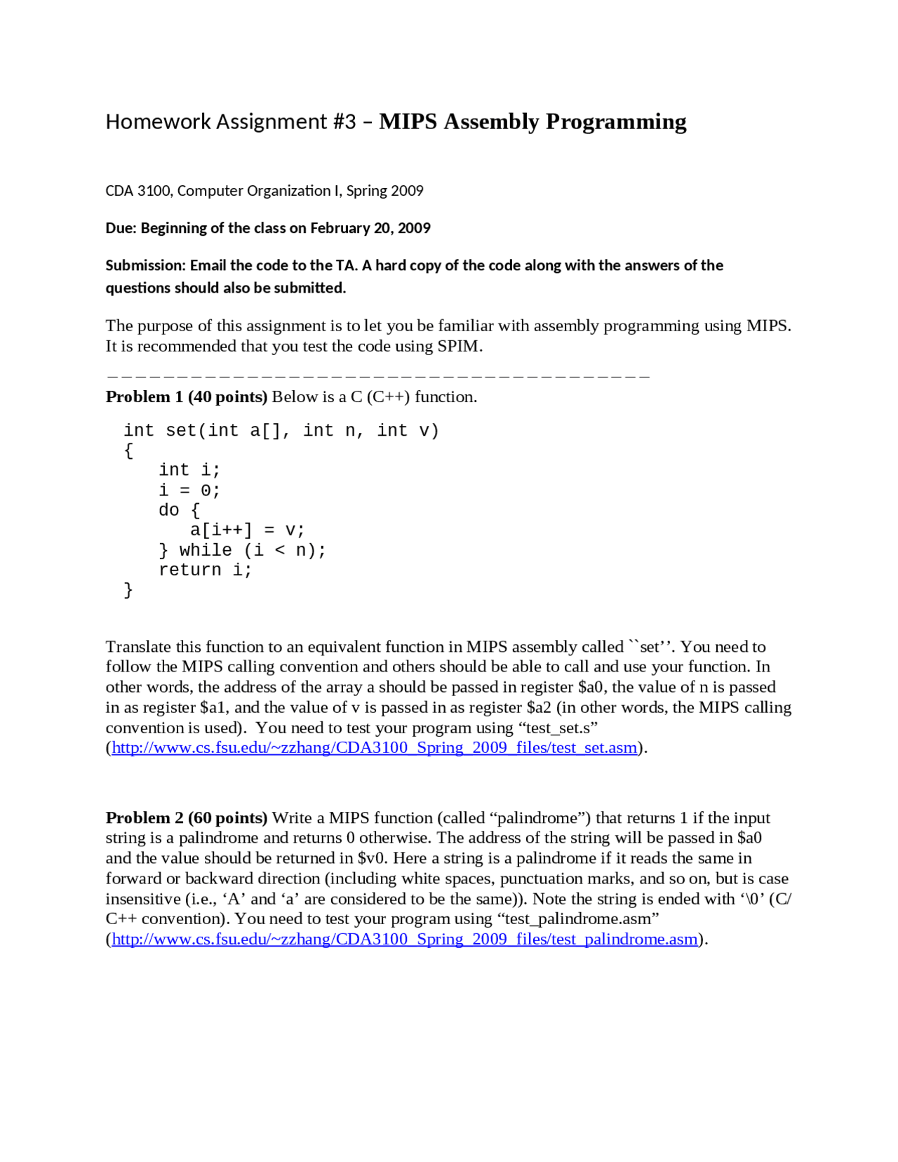 Assignment 3 for Assembly Programming | CDA 3100 - Docsity