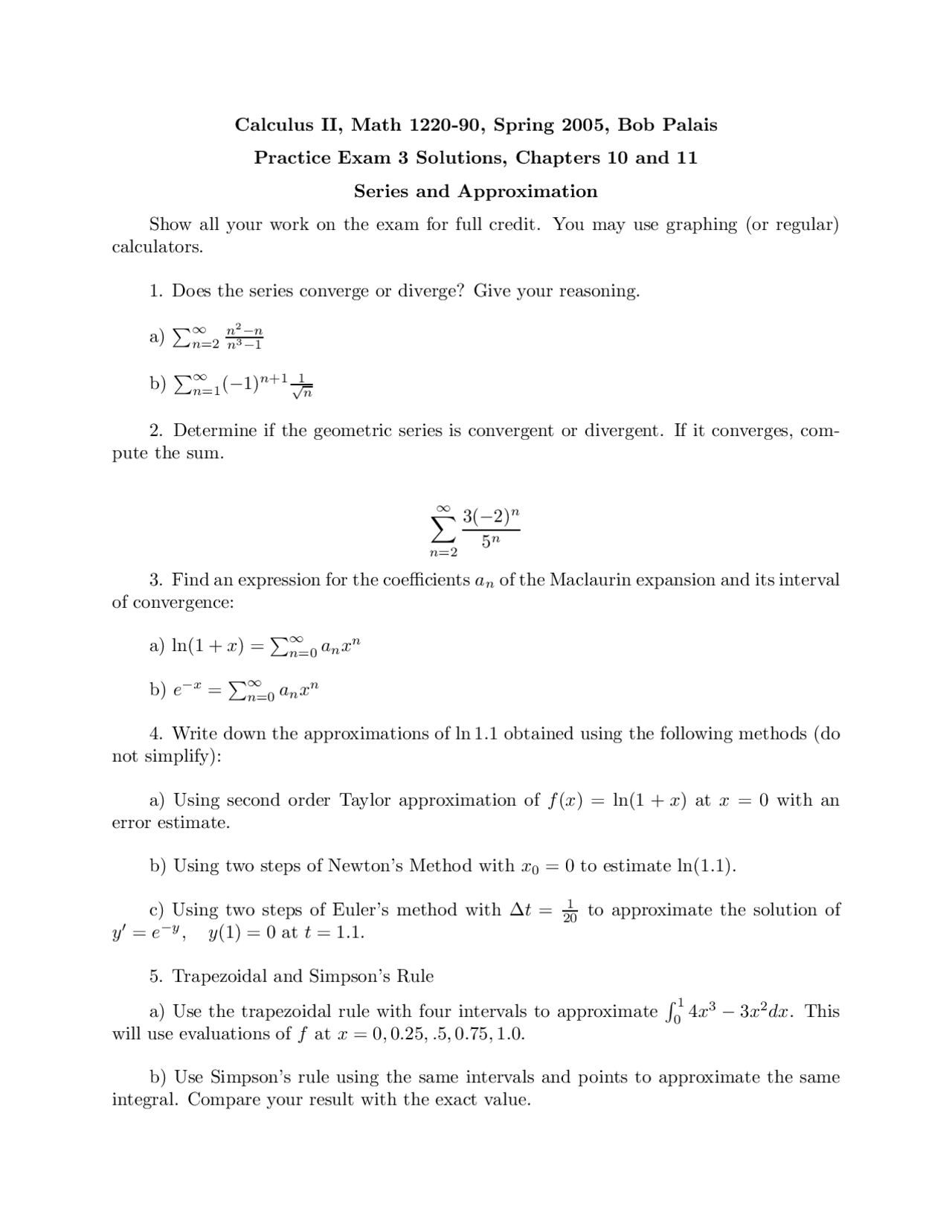 Practice Exam 3 Solutions Calculus Ii Math 1220 Docsity