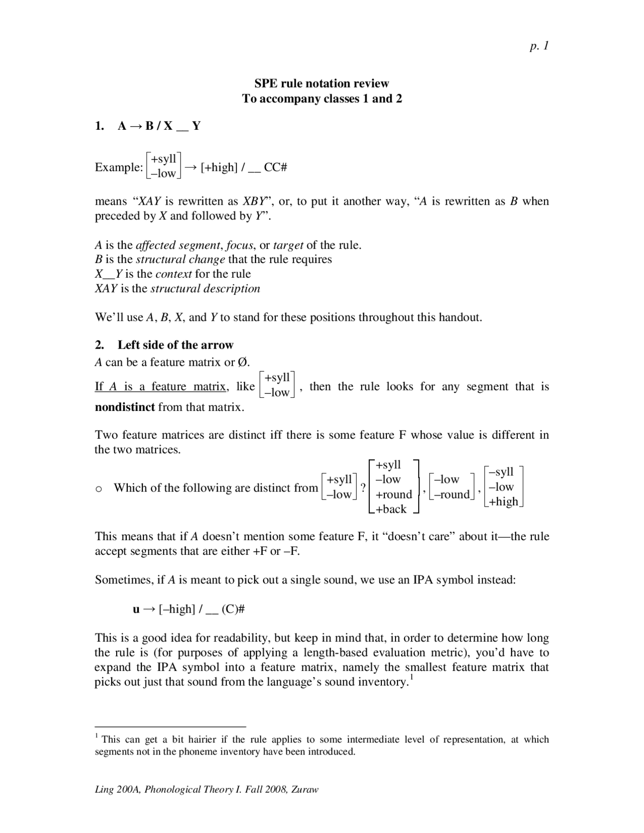 Spe Rule Notation Review Sheet Phonological Theory I Ling 200a