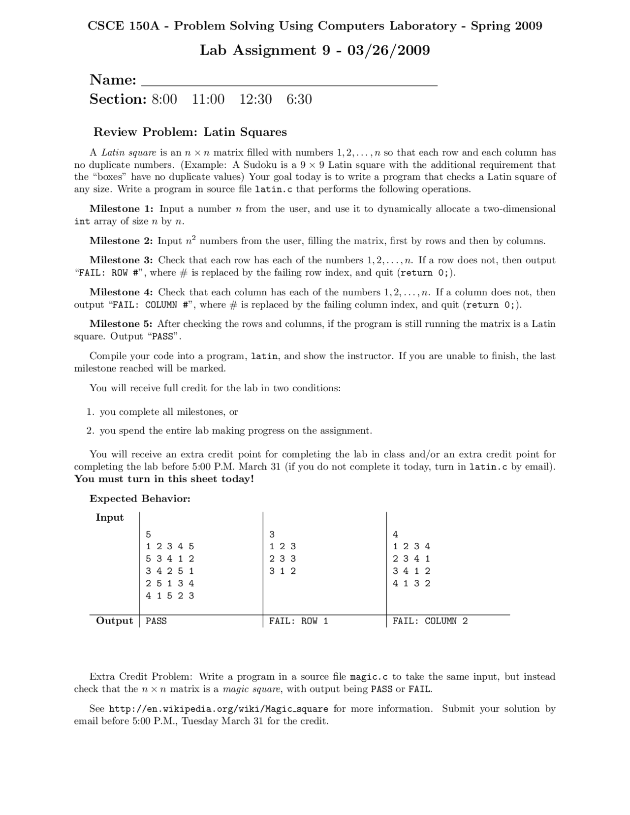 Lab Assignment 9: Creating and Checking a Latin Square in CSCE 150A - Spring 2009 | Assignments ...
