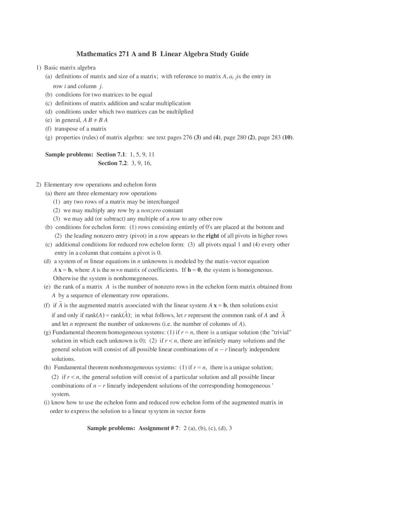 Linear Algebra Study Guide for Mathematics 271 A and B | Study notes ...