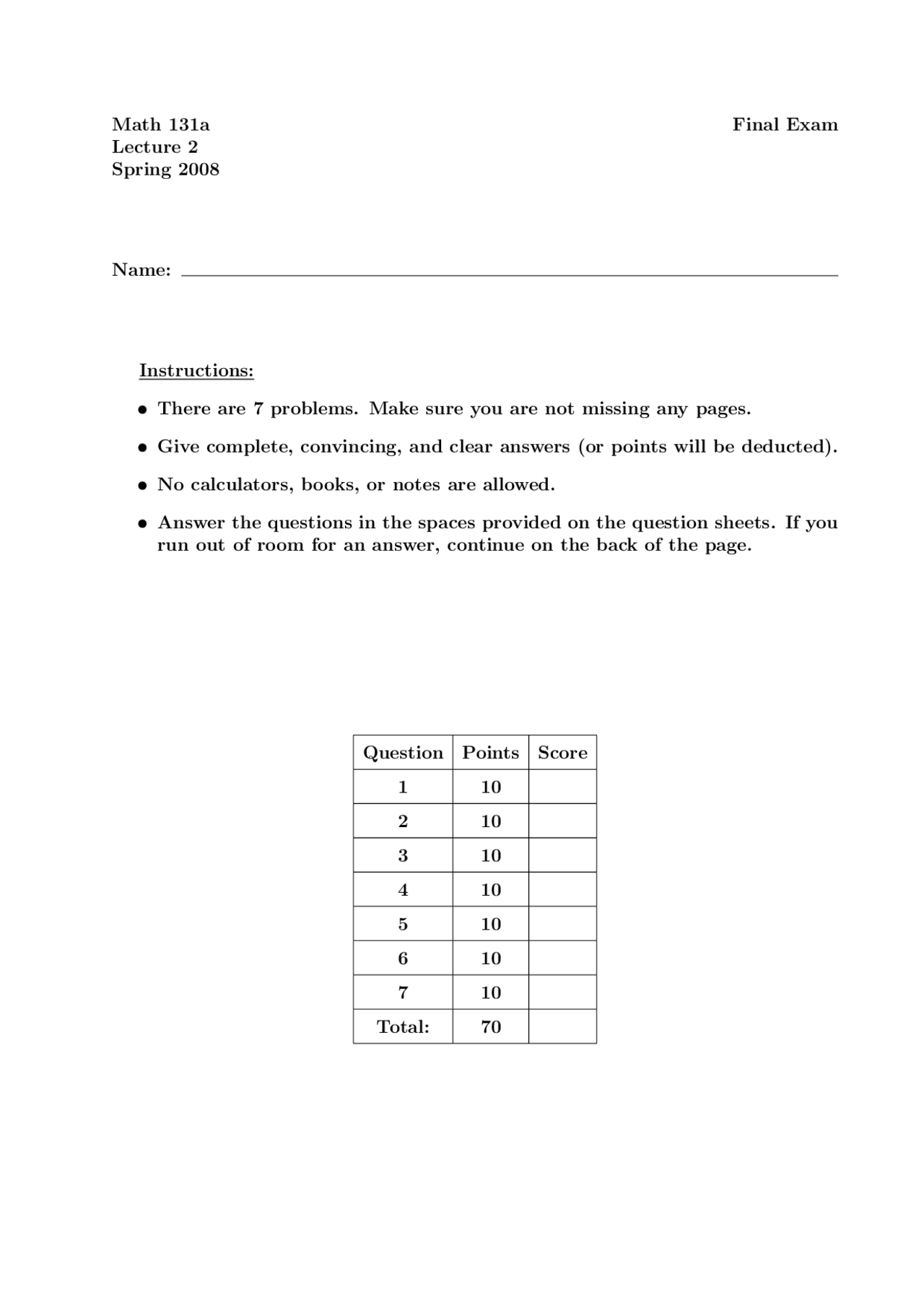 Final Exam Solutions Analysis Spring 2008 MATH 131A Docsity Final Exam Solutions Analysis Spring 2008 MATH 131A Docsity