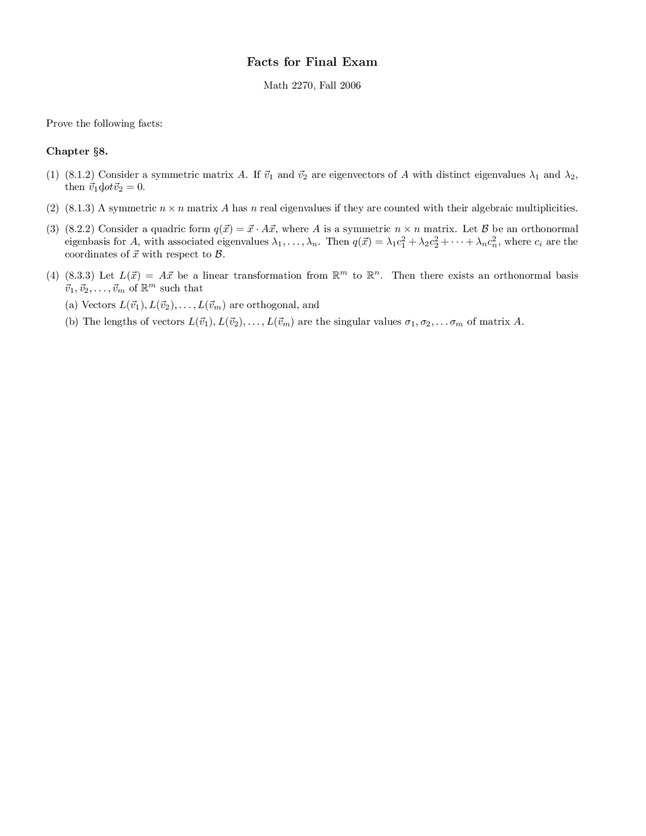 Facts For Final Exam Linear Algebra Math 2270 Docsity