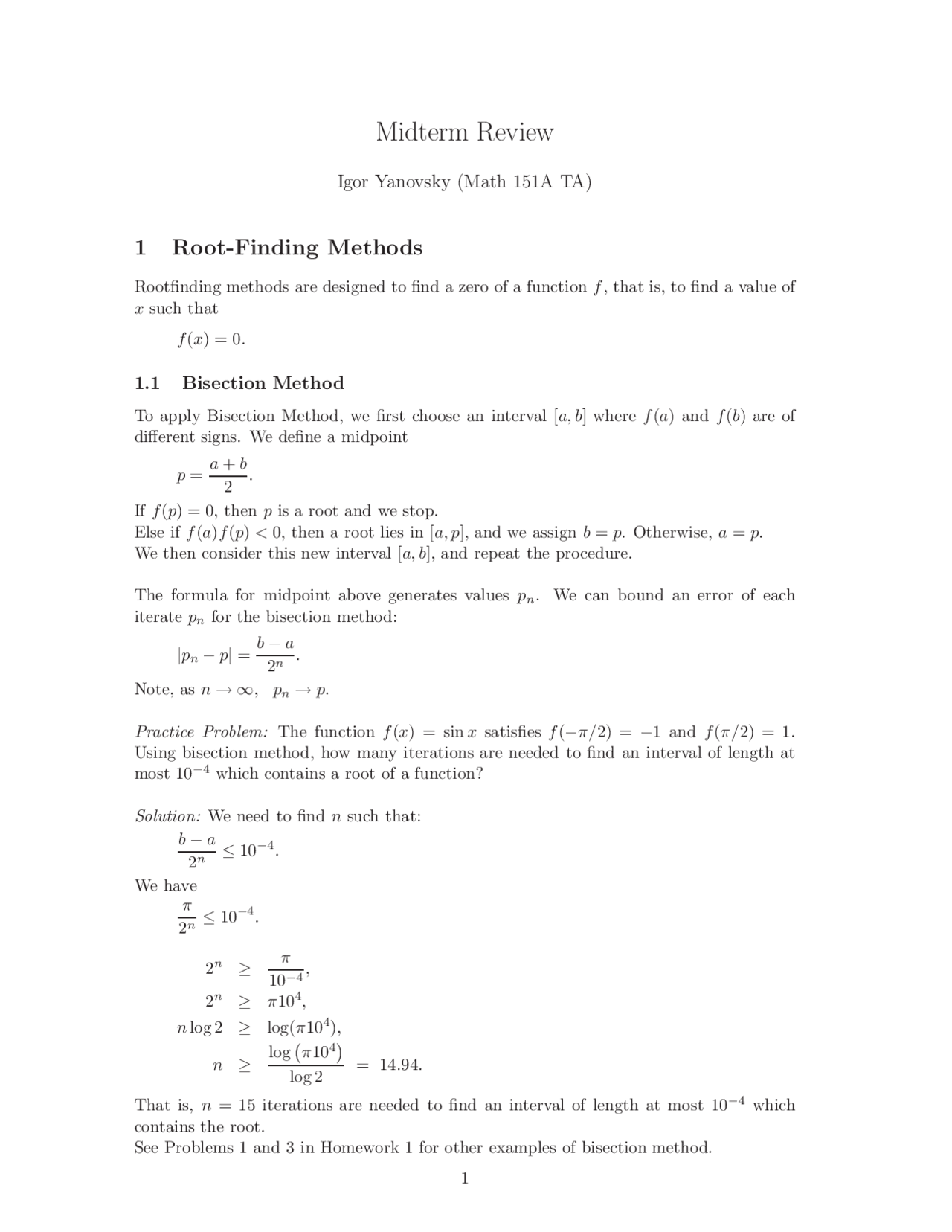 Midterm Review For Applied Numerical Methods Math 151a Exams