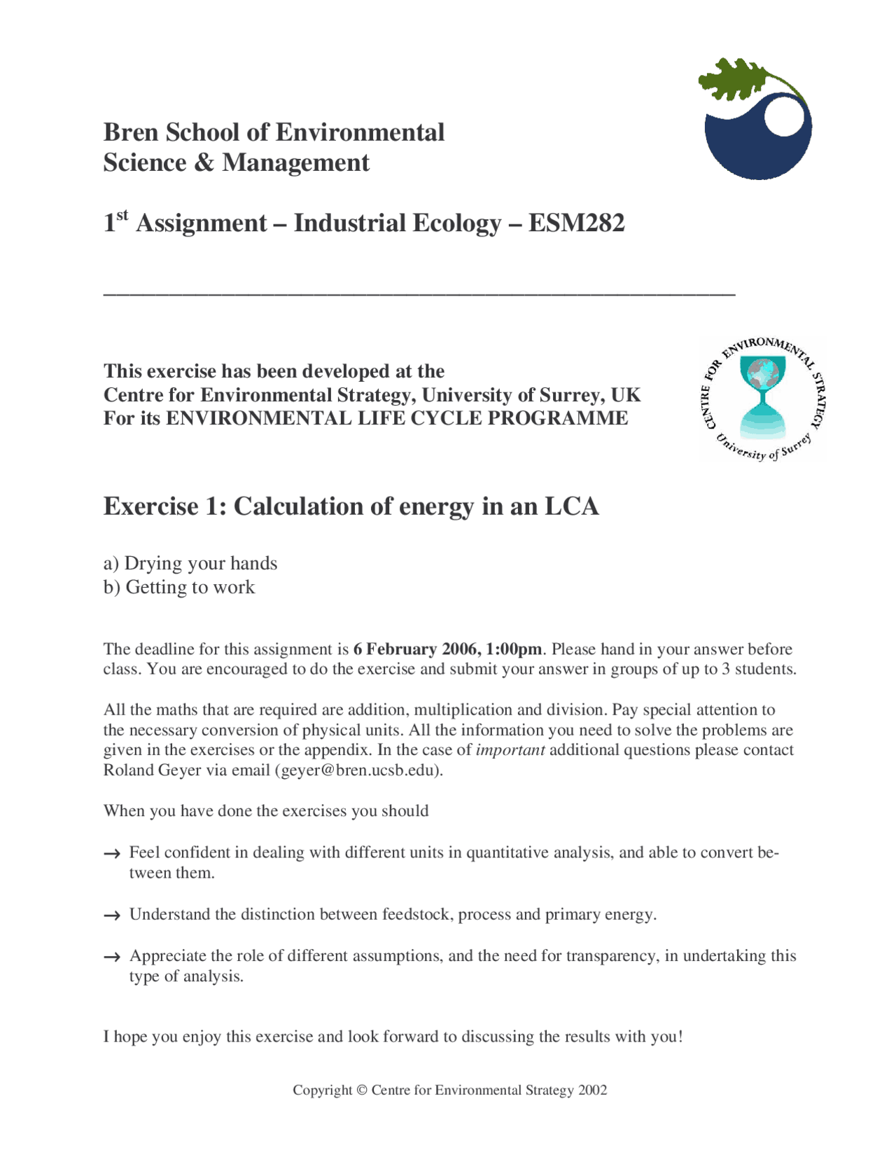 Questions For Assignment 1 Industrial Ecology Esm 282 Docsity