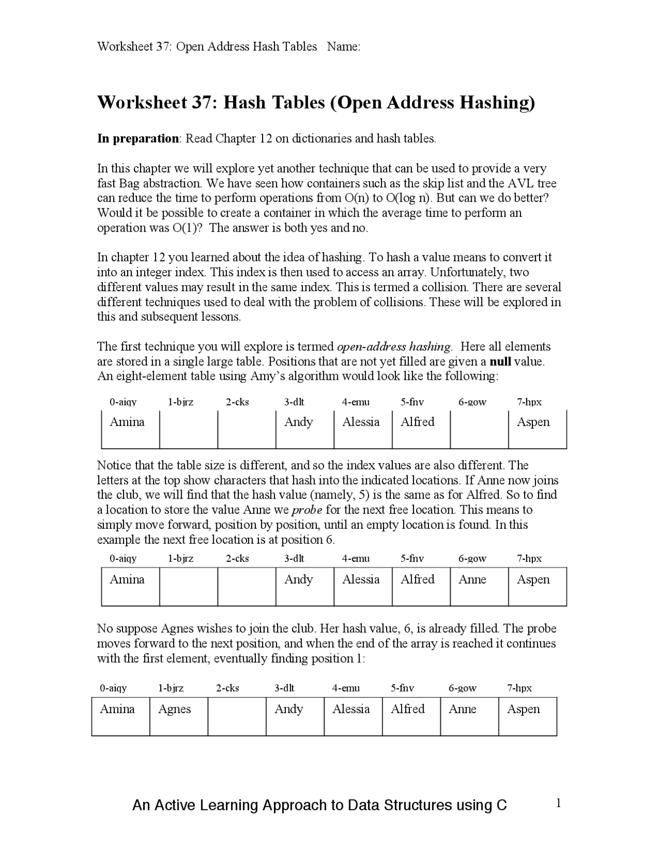 Worksheet 37: Open Address Hash Tables | CS 261 - Docsity