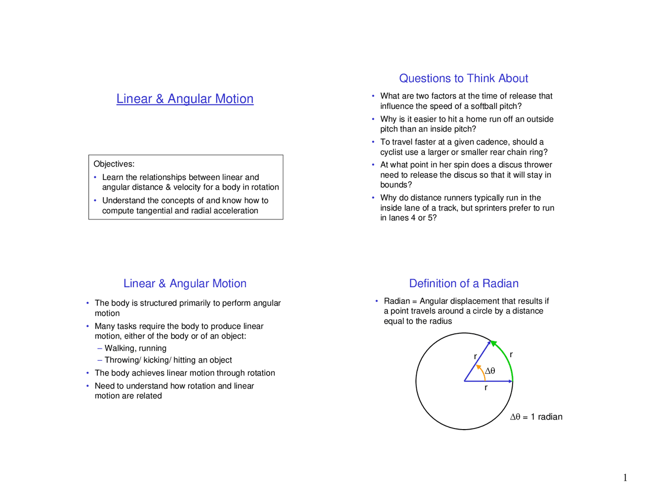 Lecture Slides on Linear and Angular Motion | EXSS 323 - Docsity