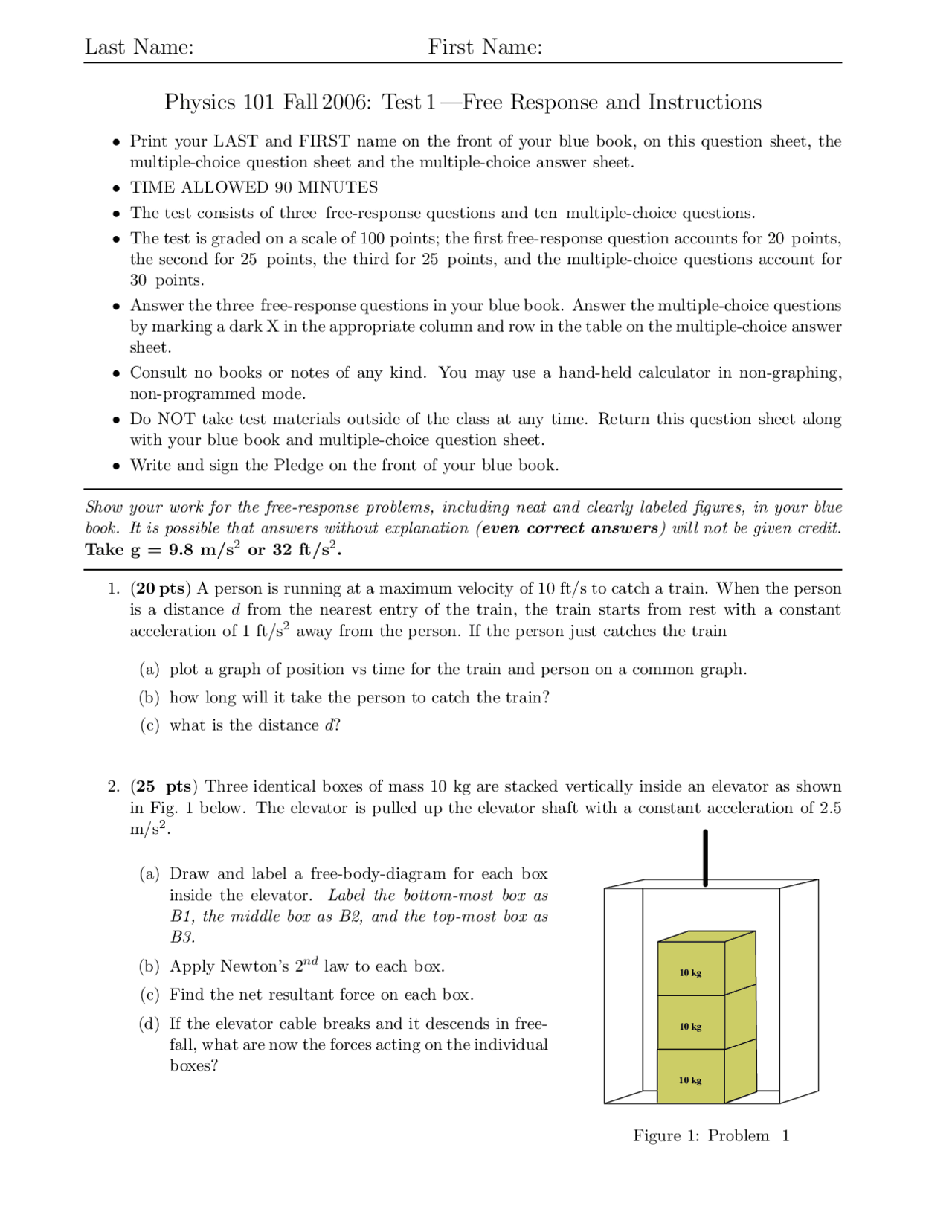 Practice Questions for Exam 1 - Mechanics | PHYS 101 | Exams Physics | Docsity
