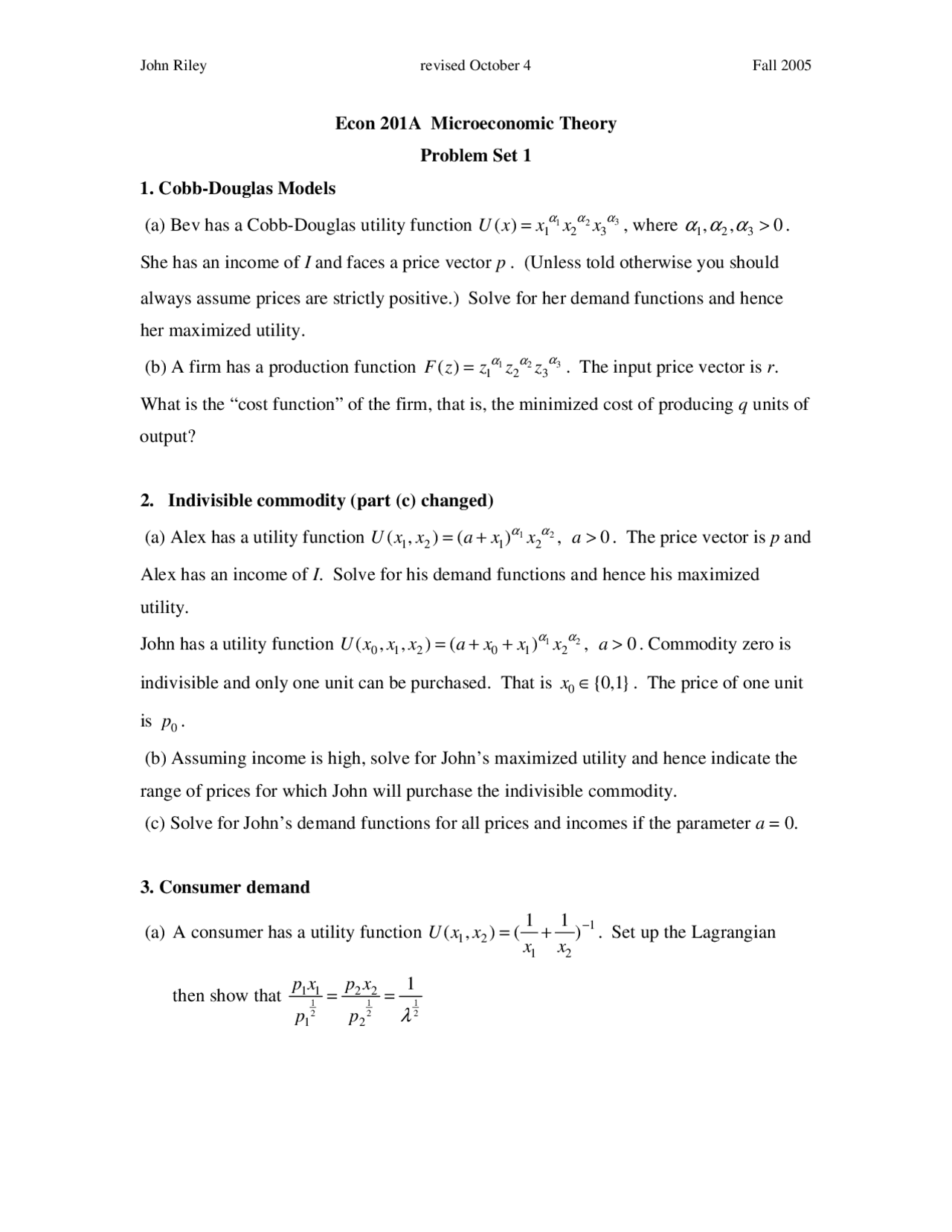 Problem Set 1 Microeconomics Theory Of Firm And Consumer Econ 201a
